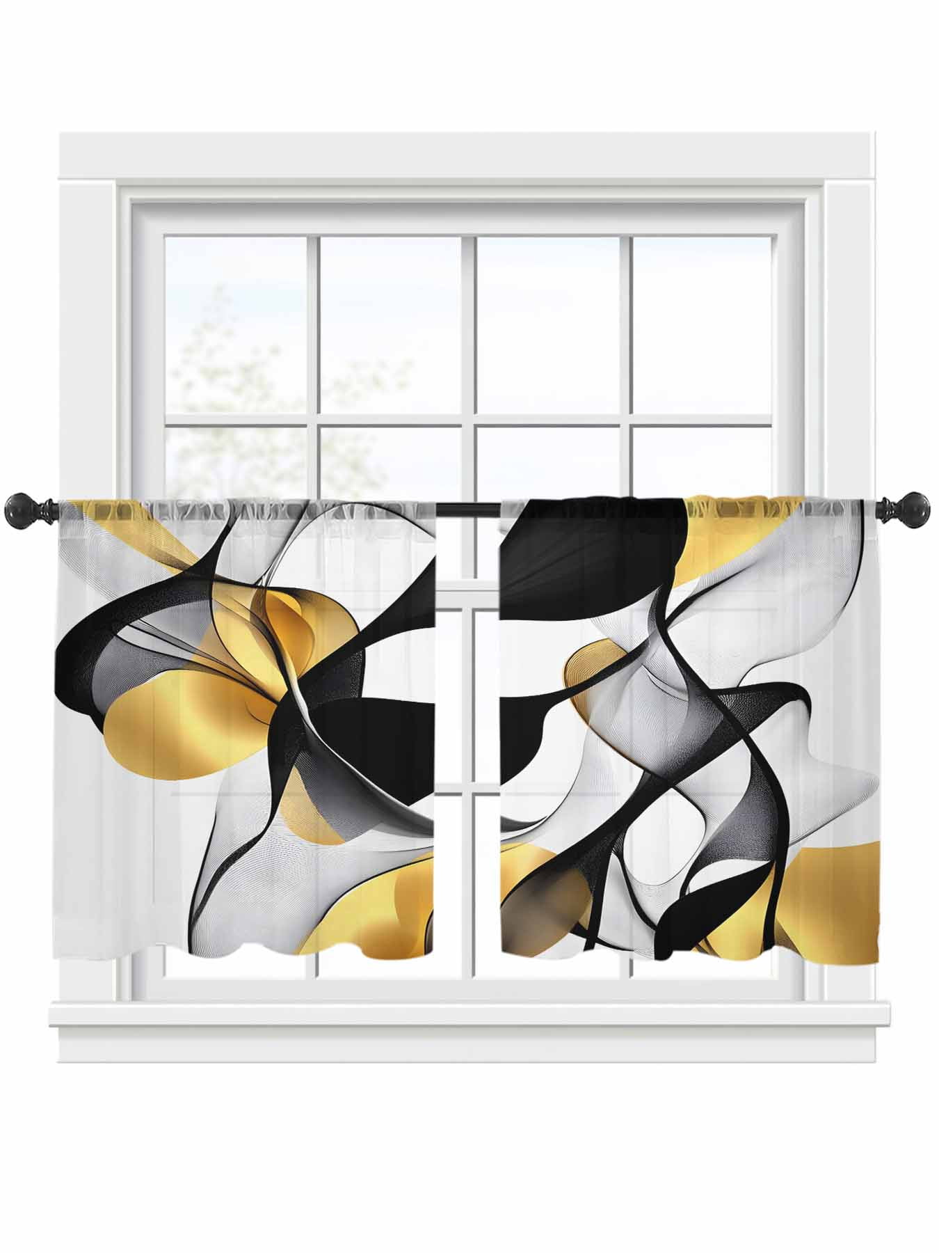 Gold Black Line Sheer Curtains for Living Room Bedroom, Light-filtering ...
