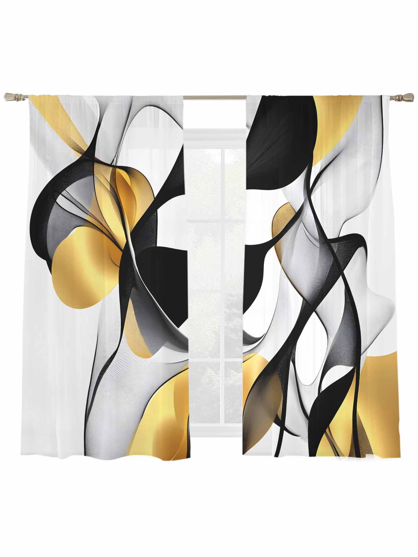Gold Black Line Sheer Curtains for Living Room Bedroom, Light-filtering ...