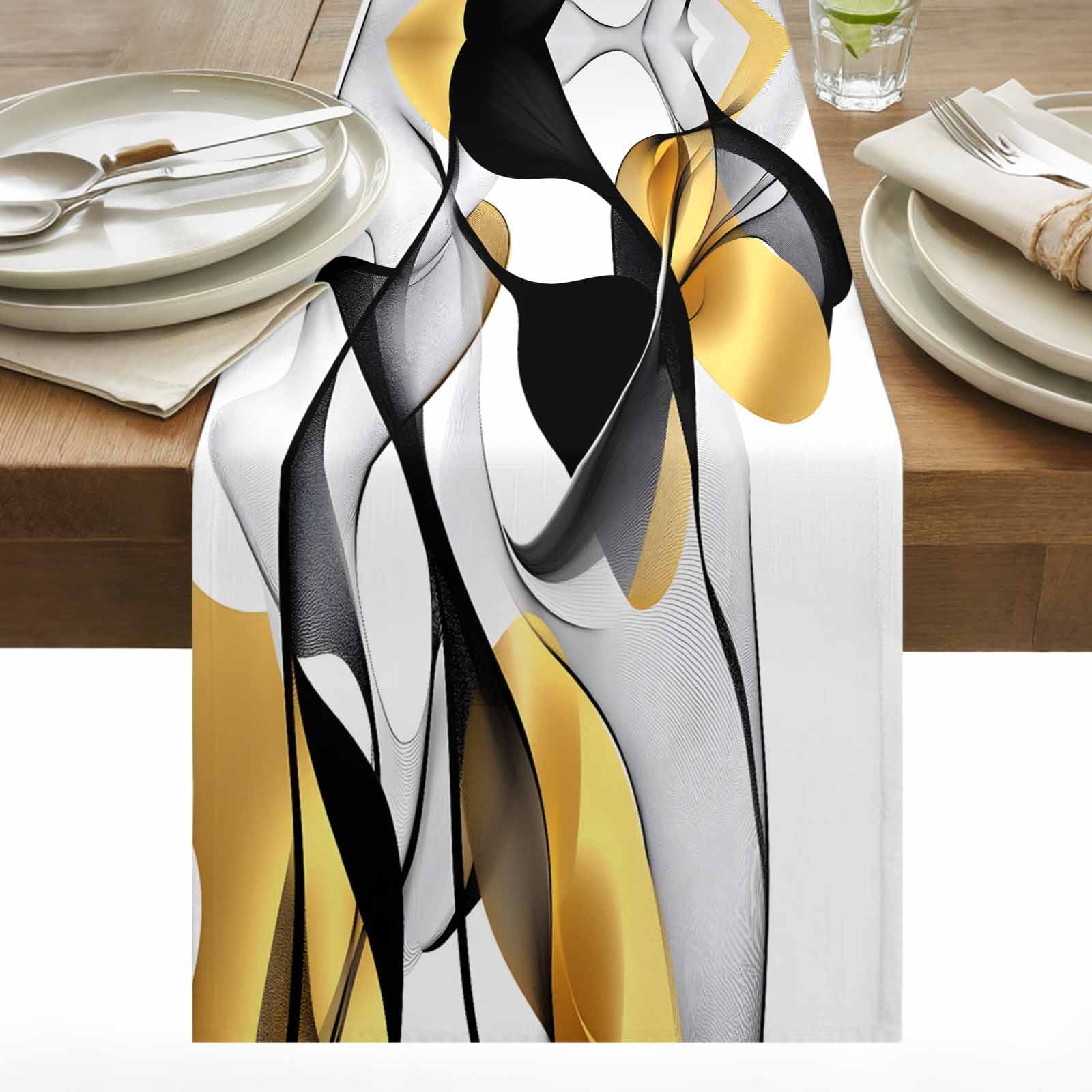 Gold Black Line Table Runner 13x48 inch Metallic Texture Cotton Linen ...