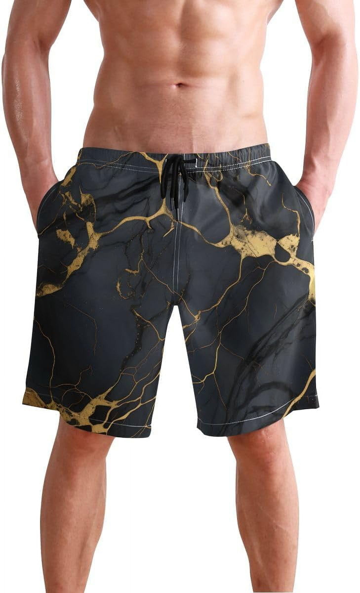 Gold Black Marble Pattern Mens Swim Trunks Quick Dry Drawstring Bathing ...