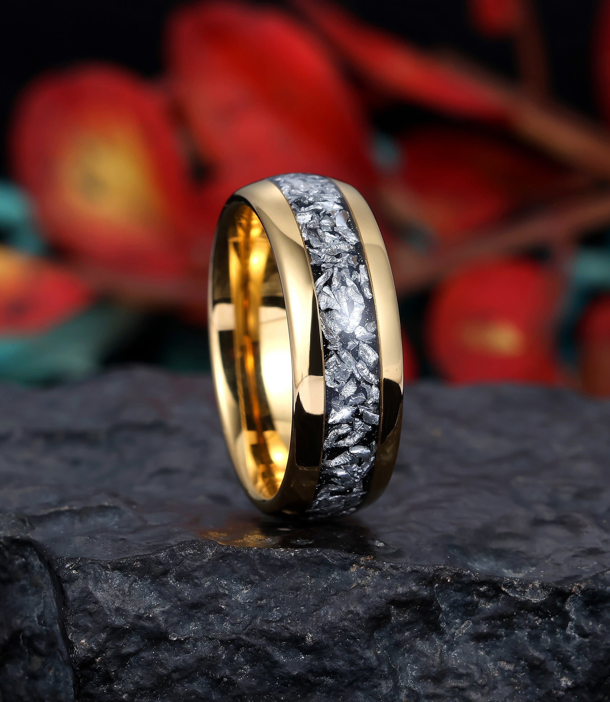 Gold Black Meteorites Rings for Him Black Meteorite Wedding Band, 8mm ...