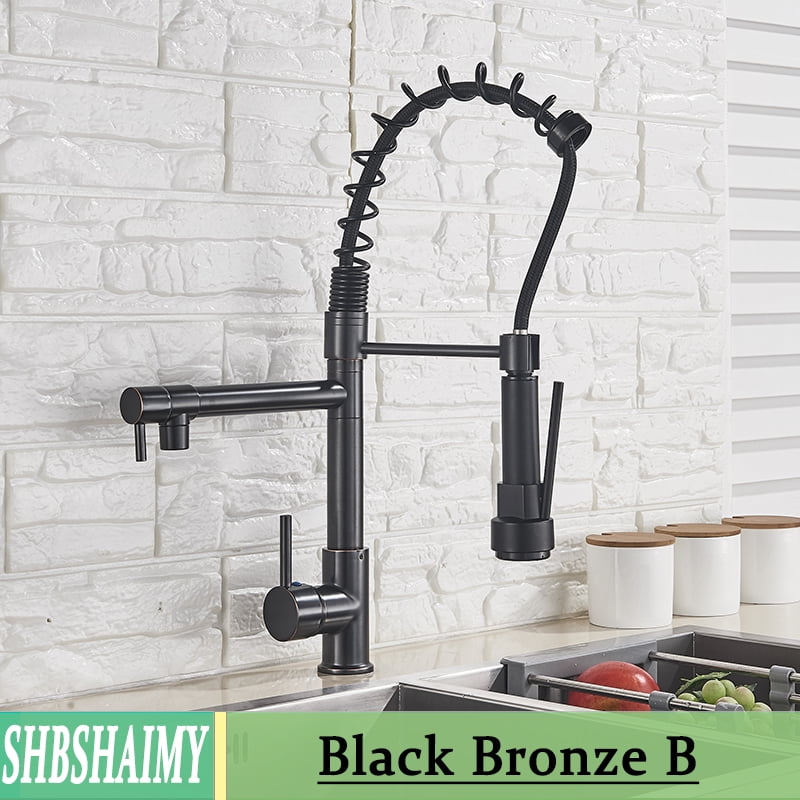 Gold Black Spring Kitchen Faucet Pull Down Dual Spouts 360 Swivel ...