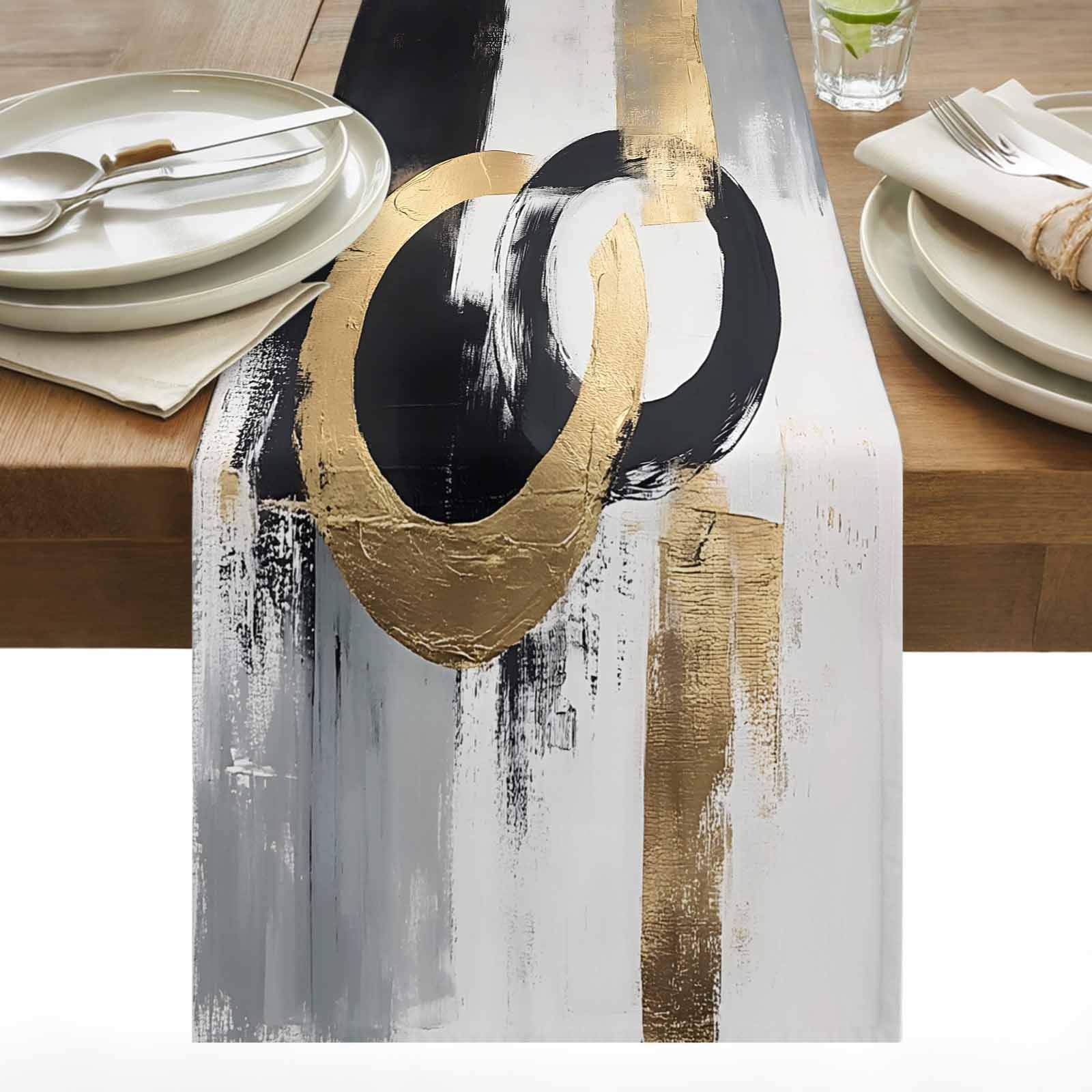 Gold Black Table Runner 13x48 inch Watercolor Geometric Cotton Linen ...