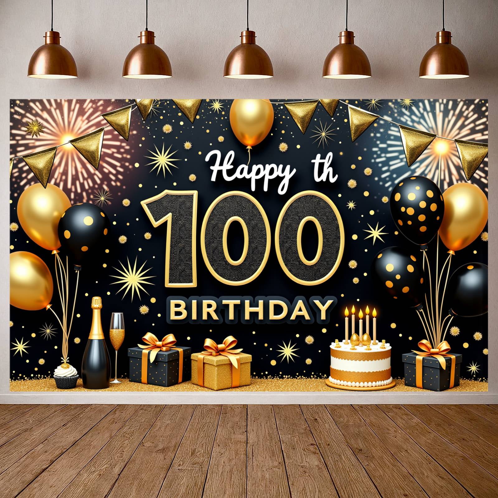 Gold Black Theme 100th Birthday Banner Luxury Style Centennial Display ...