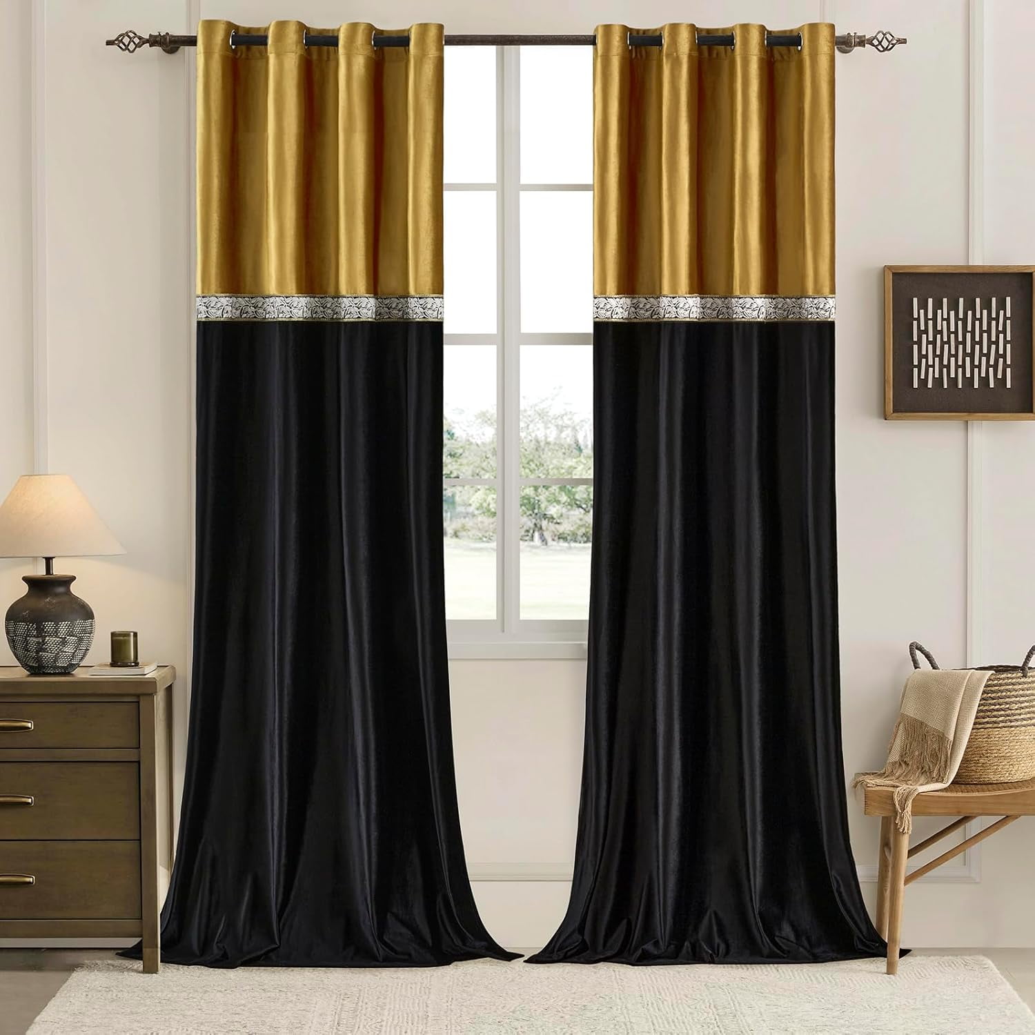 Gold Black Vintage Embroidered Floral Velvet Blackout Curtains, Retro ...
