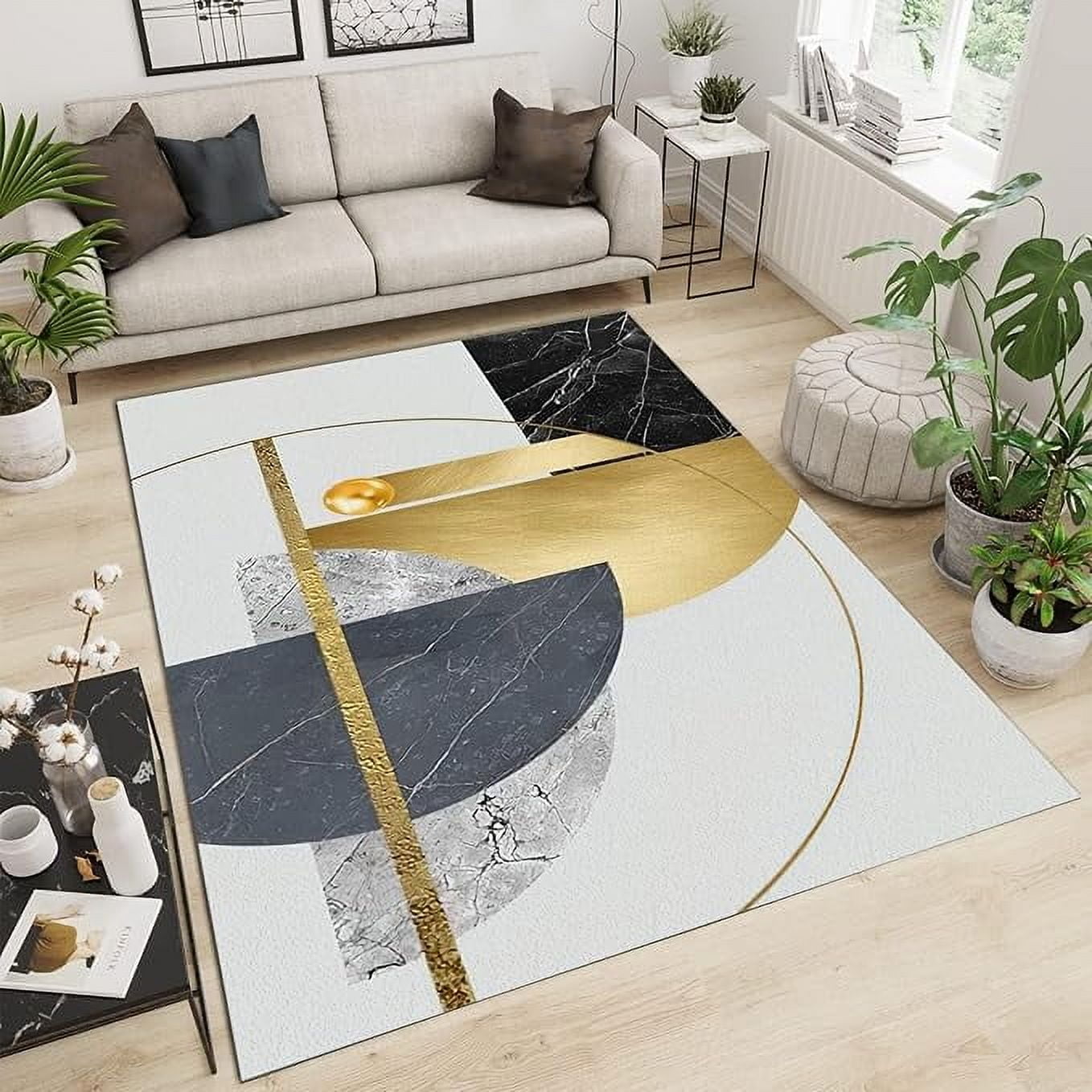 Gold Black White Geometry Area Rug, Marble Gray Gold Indoor Non-Slip ...