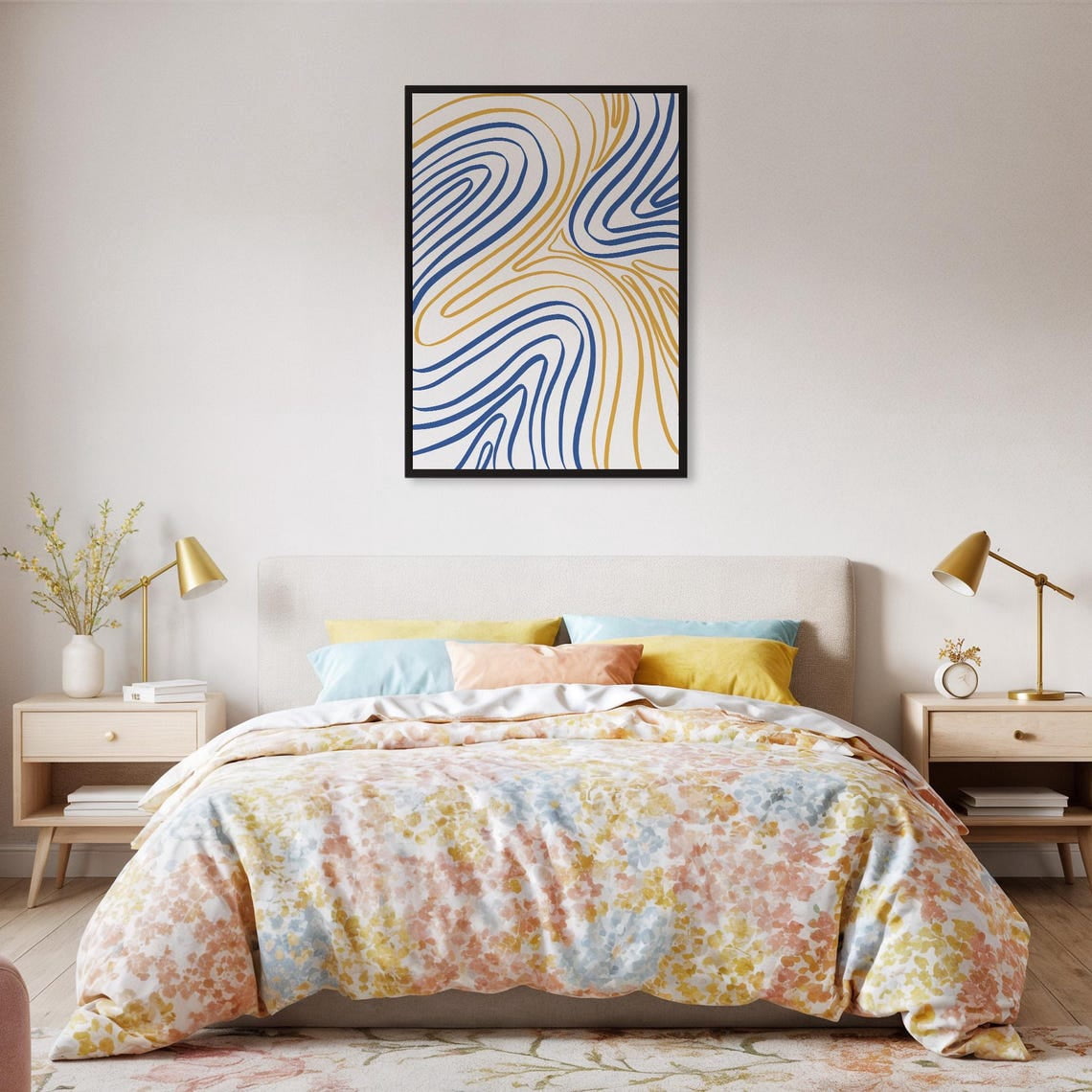Gold Blue Abstract Line Wall Art, Modern Geometric Flow Decor, Unframed ...