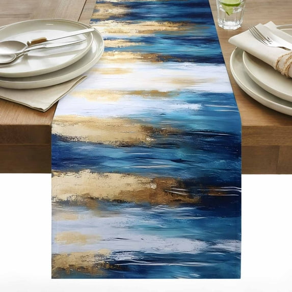 Gold Blue Abstract Table Runner 13x60 inch Retro Brush Cotton Linen ...