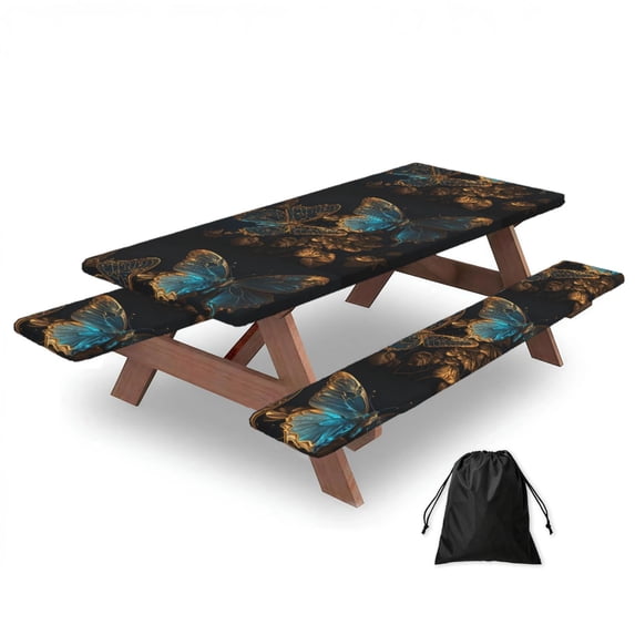 Gold Blue Butterflies Golden Butterfly 3-Piece Fitted Picnic Table and ...