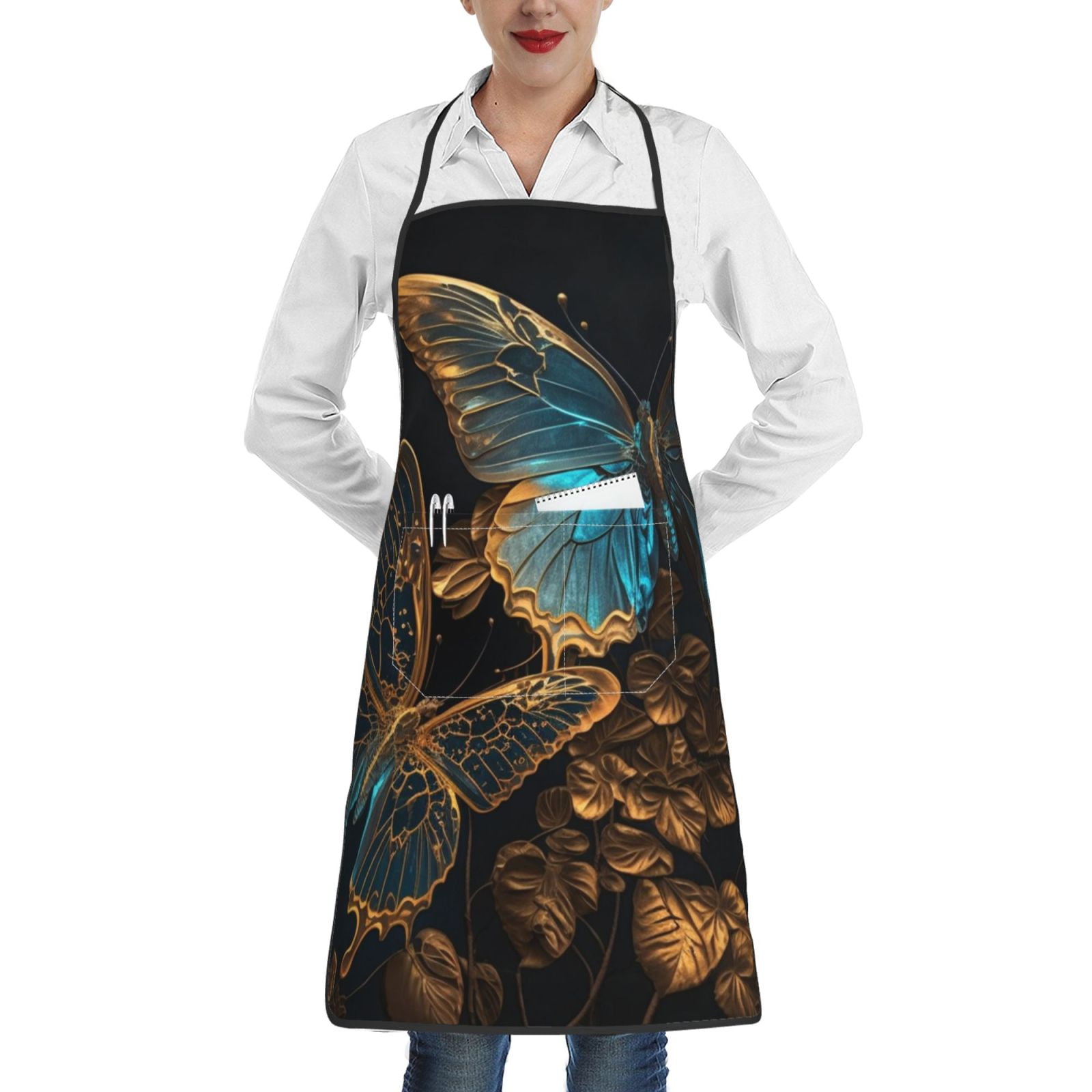 Gold Blue Butterflies Golden Butterfly Apron with Pocket Cooking ...