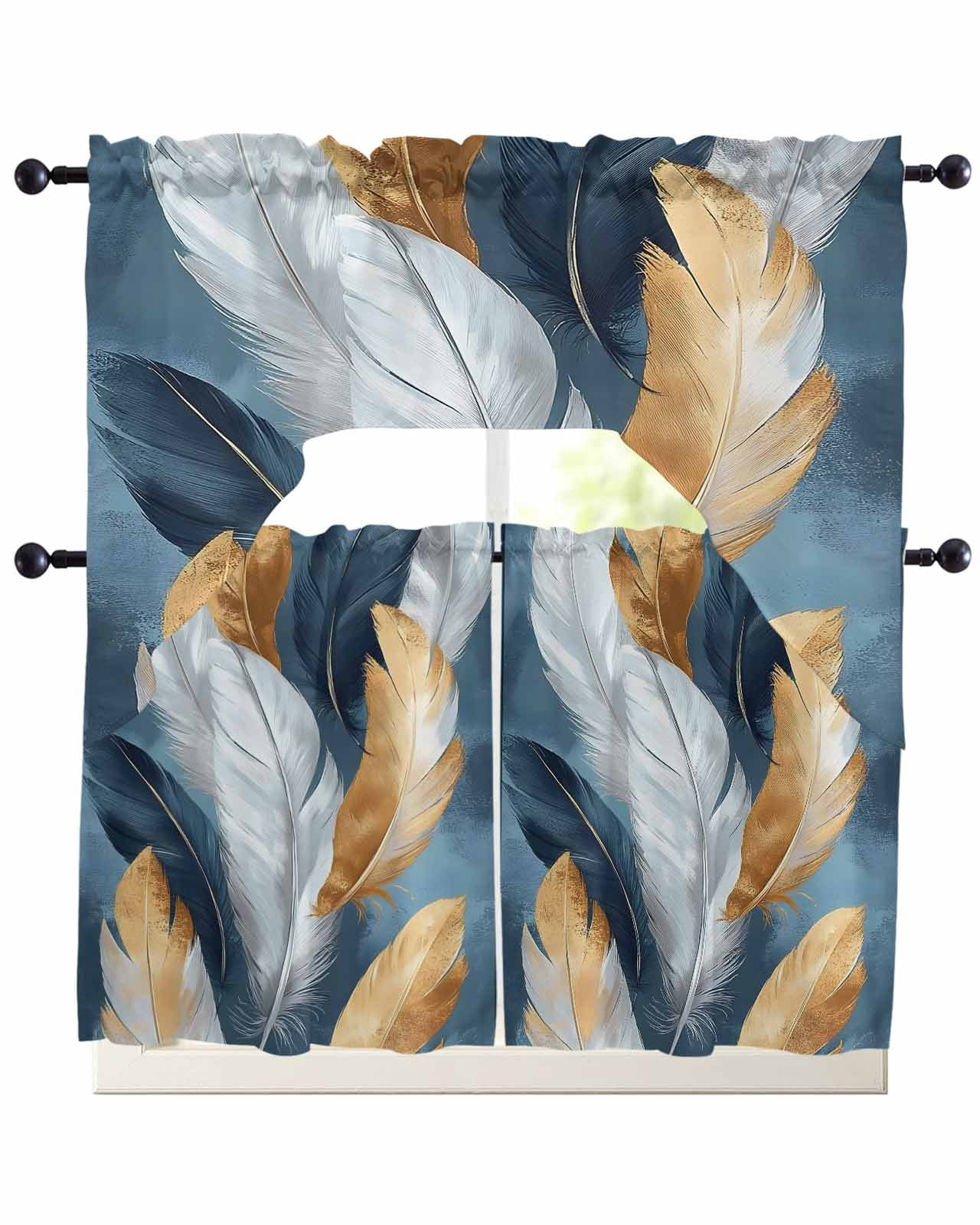 Gold Blue Feather Kitchen Curtains Sets 36 Inch Length with Valance ...