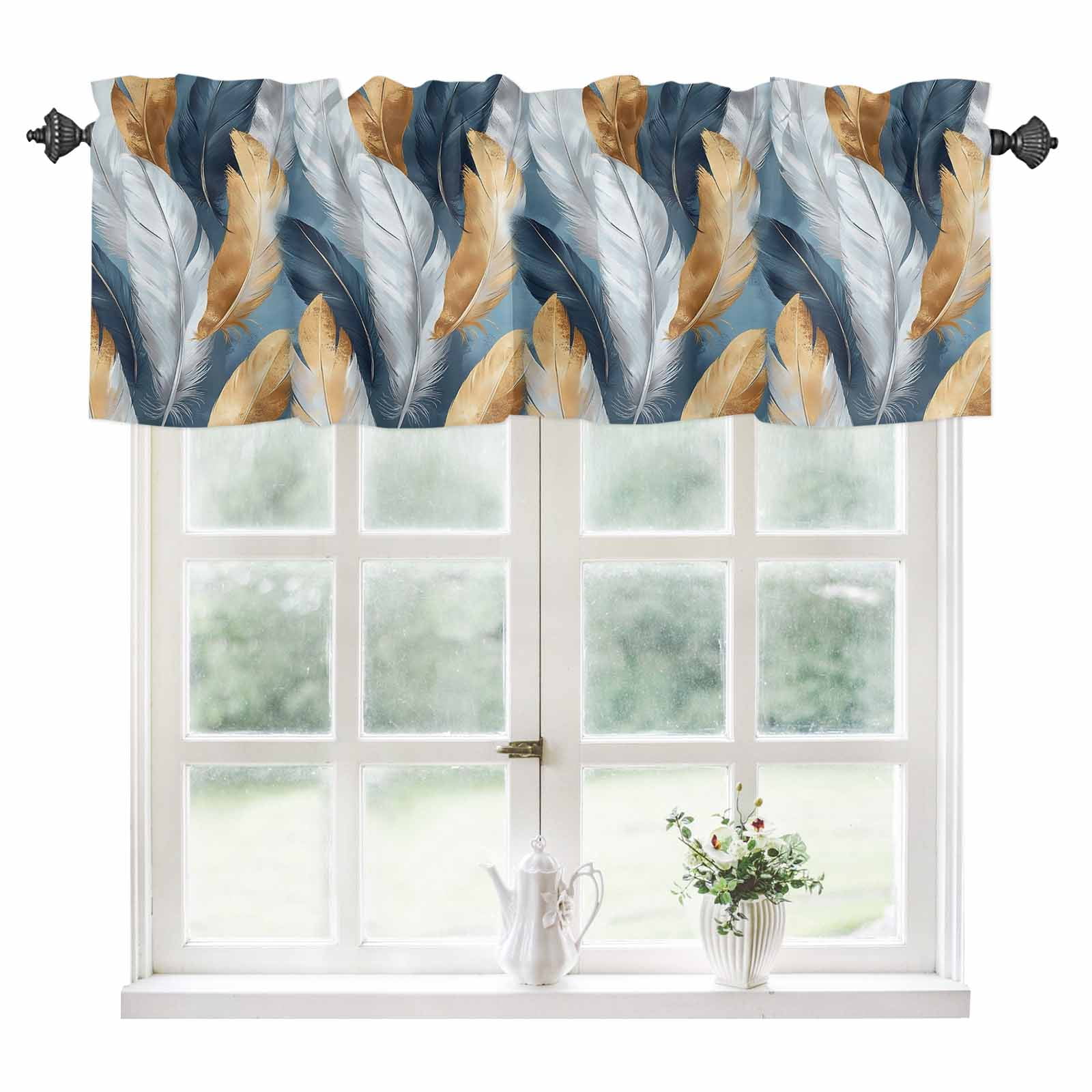 Gold Blue Feather Kitchen Valances for Windows 60x18 Inch Kitchen ...