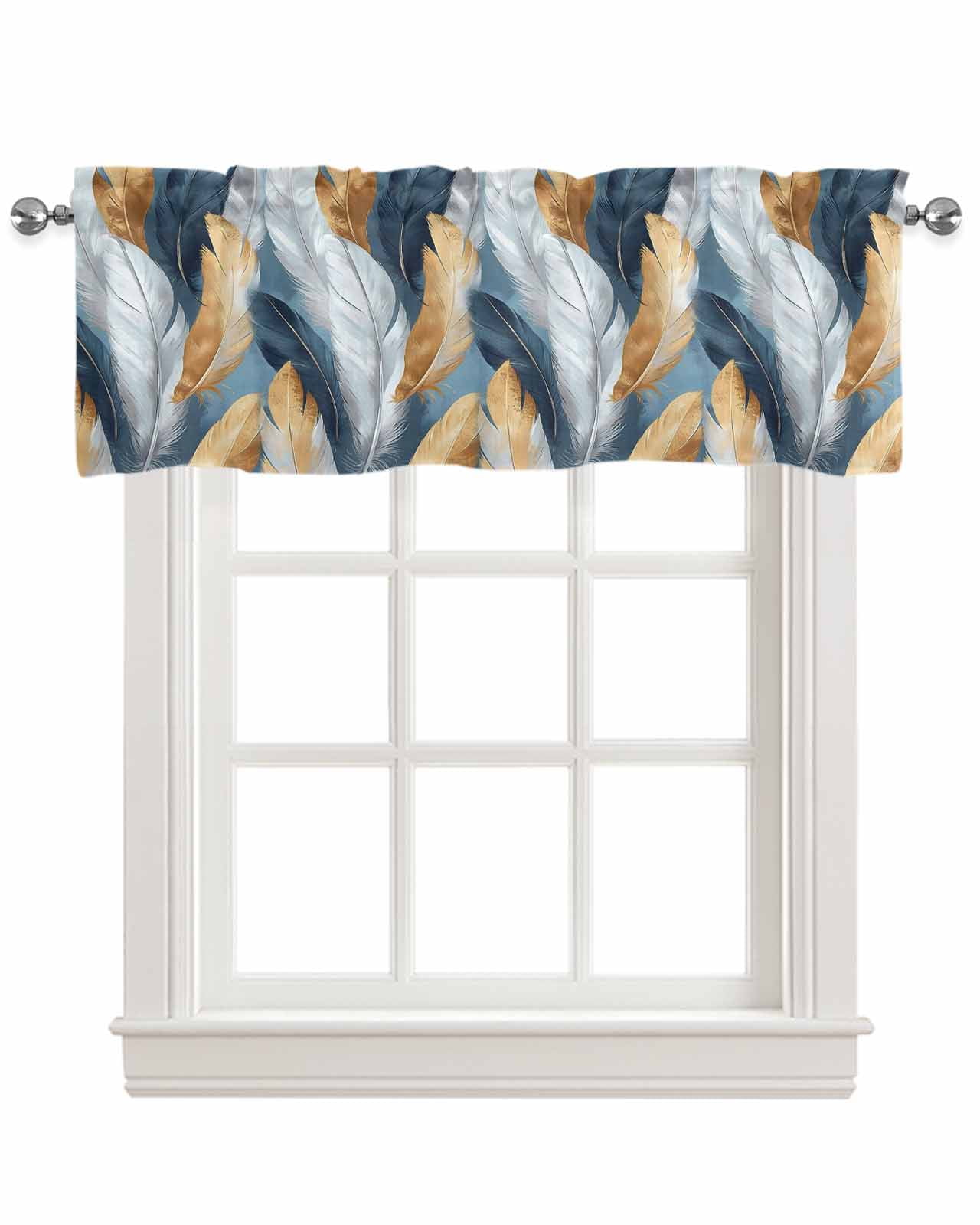 Gold Blue Feather Kitchen Valances for Windows Farmhouse Linen Window ...