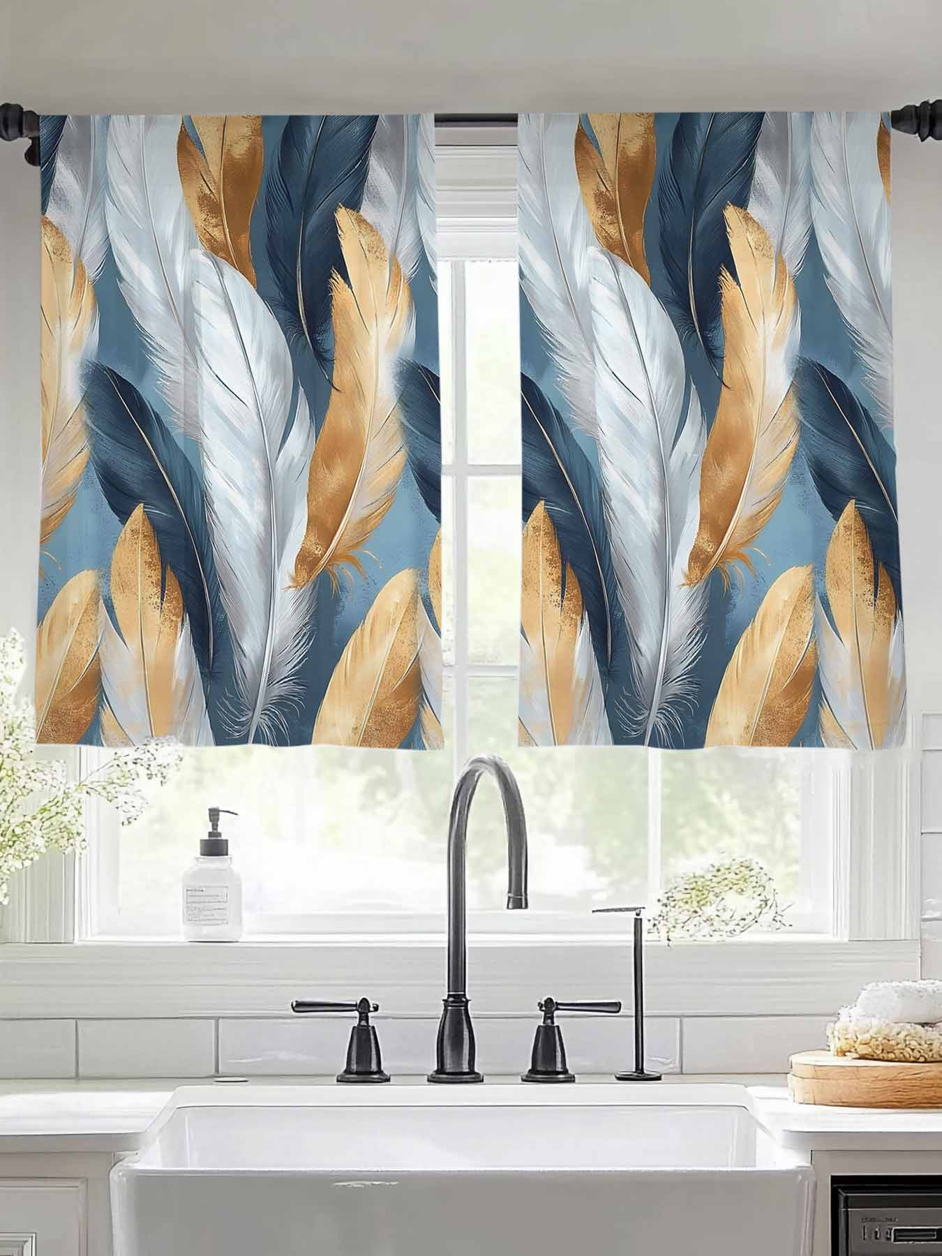 Gold Blue Feather Sheer Curtains for Living Room Bedroom Modern ...