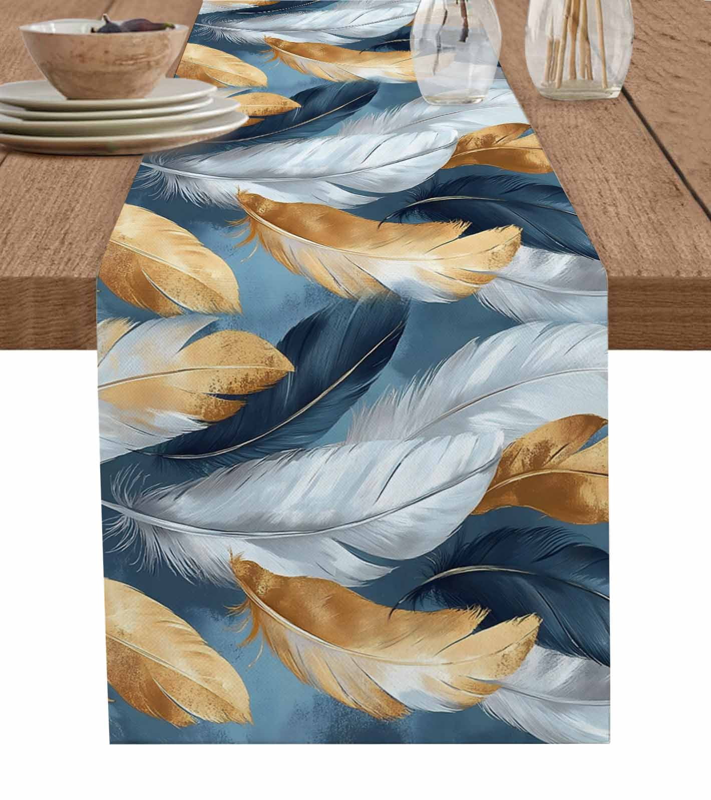 Gold Blue Feather Table Runner 90 Inches, Modern Abstract Aesthetics ...
