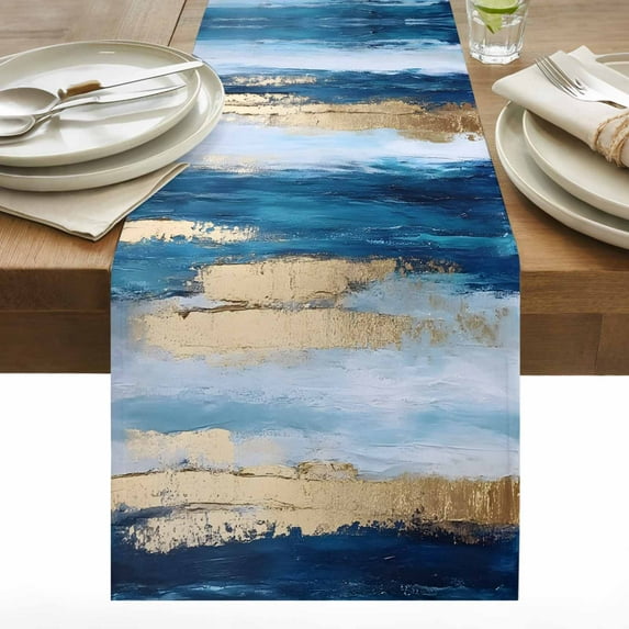 Gold Blue Graffiti Table Runner 13x120 inch Retro Brush Cotton Linen ...