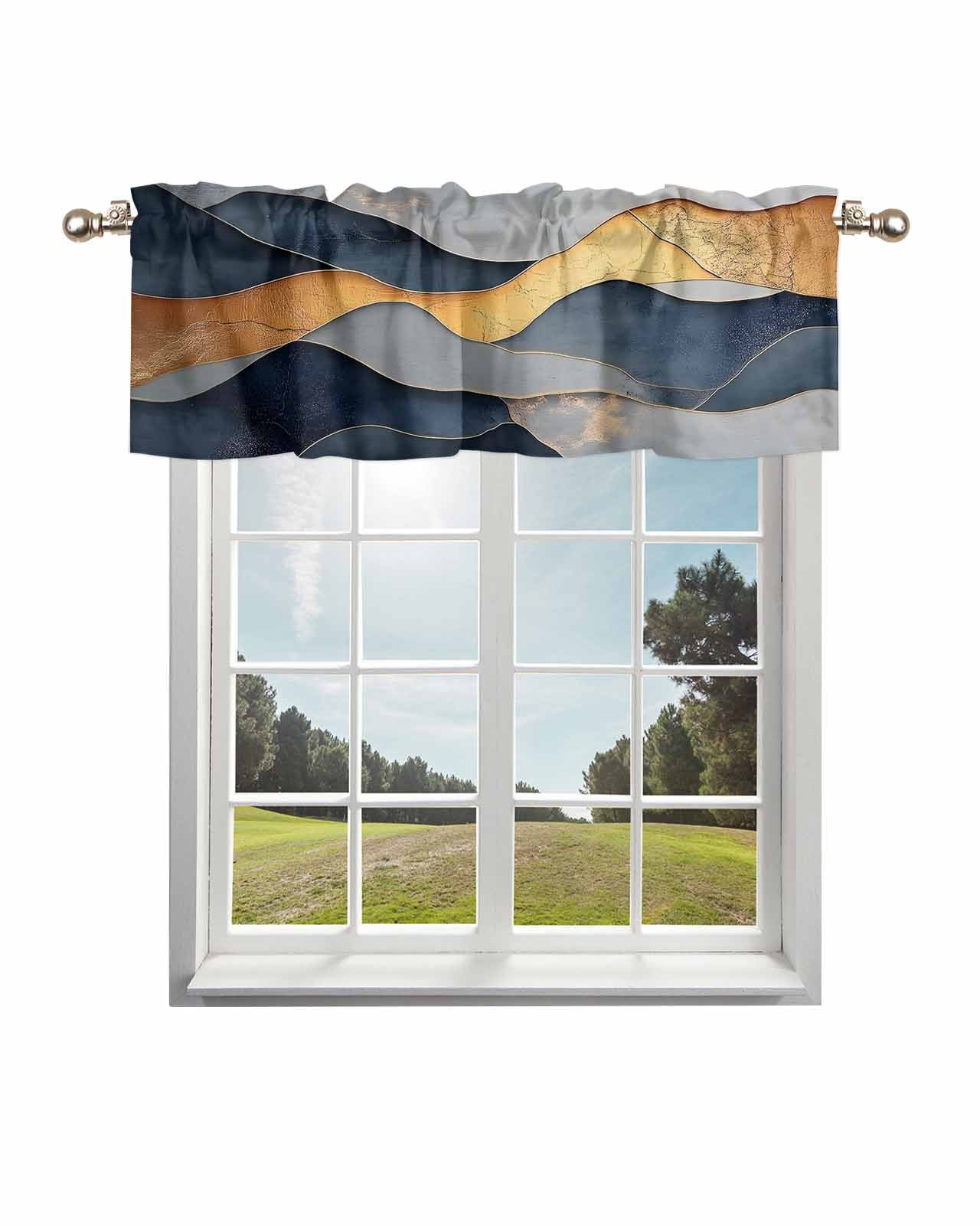 Gold Blue Gray Marble Curtain Valance for Windows/Living Room/Kitchen ...