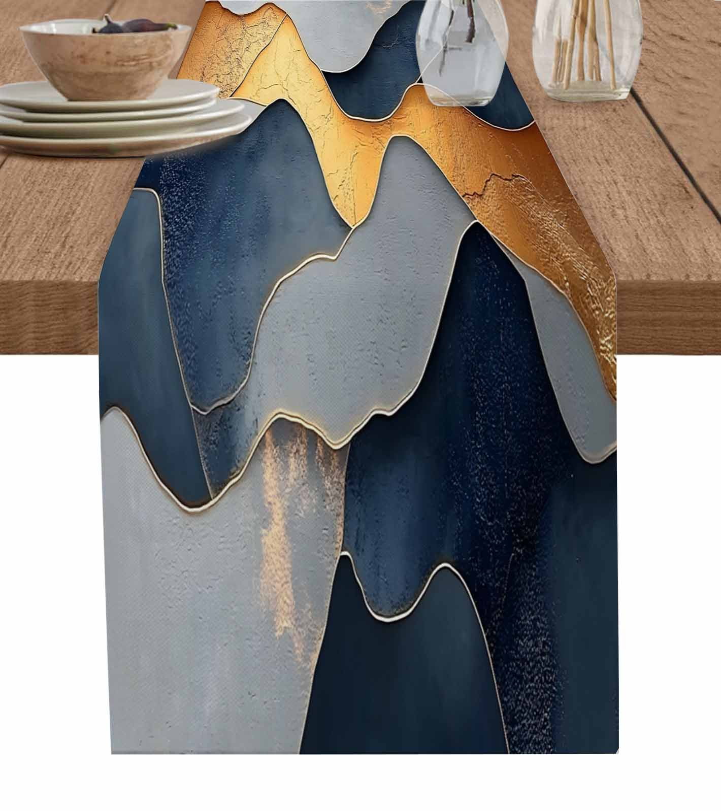 Gold Blue Gray Marble Table Runner 72 Inches, Modern Abstract Aesthetic ...