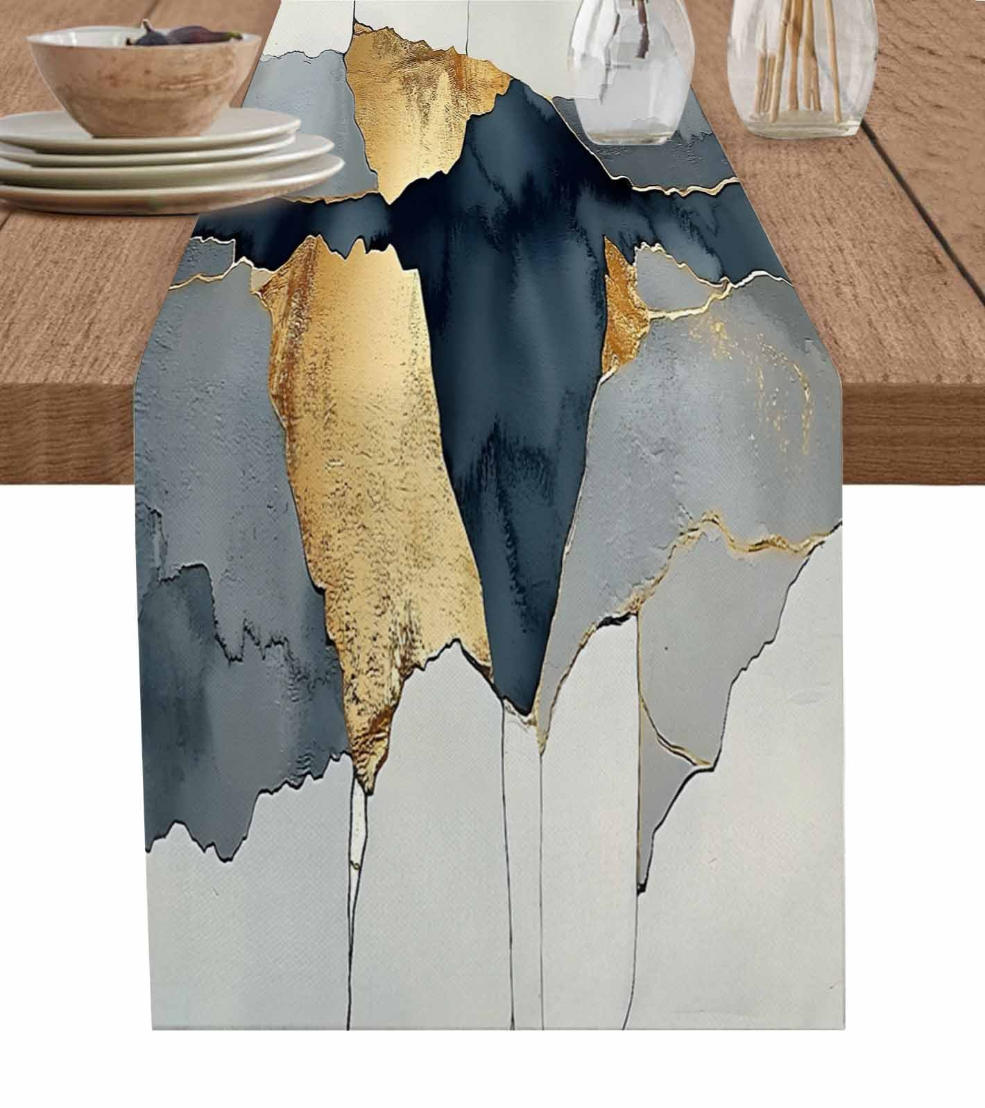 Gold Blue Gray Marble Table Runner 72 Inches, Retro Abstract Patterned ...