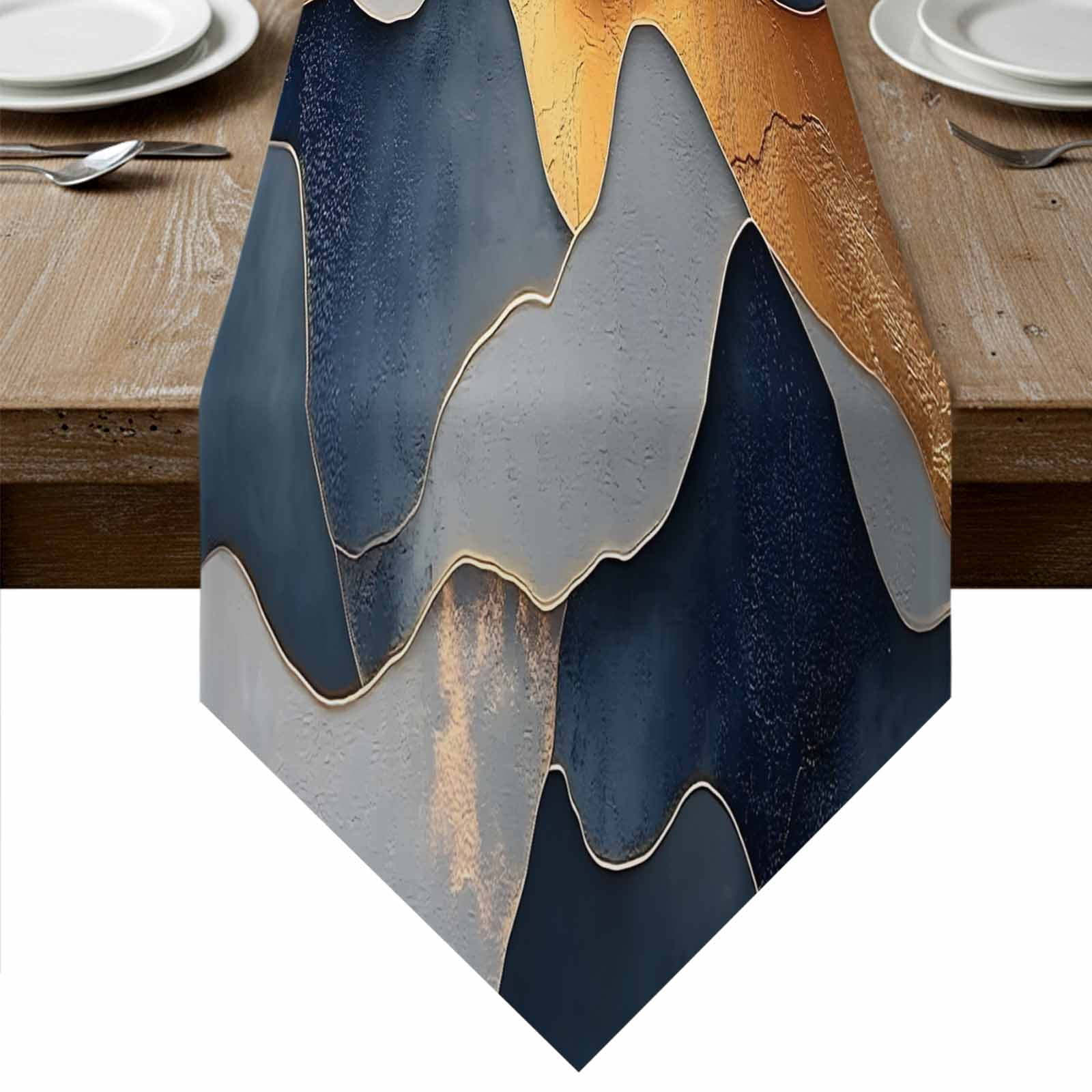 Gold Blue Gray Marble Table Runner Linen Burlap Table Runner 60 Inches ...