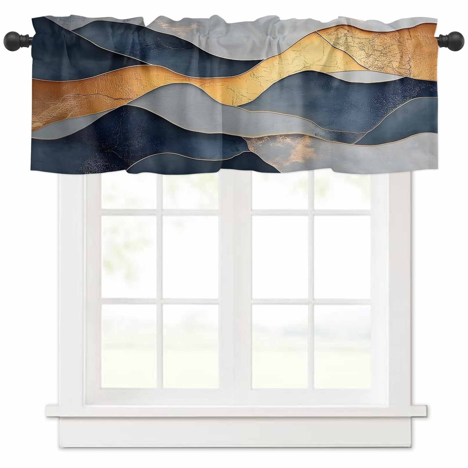 Gold Blue Gray Marble Valances for Windows Farmhouse Kitchen Curtains ...
