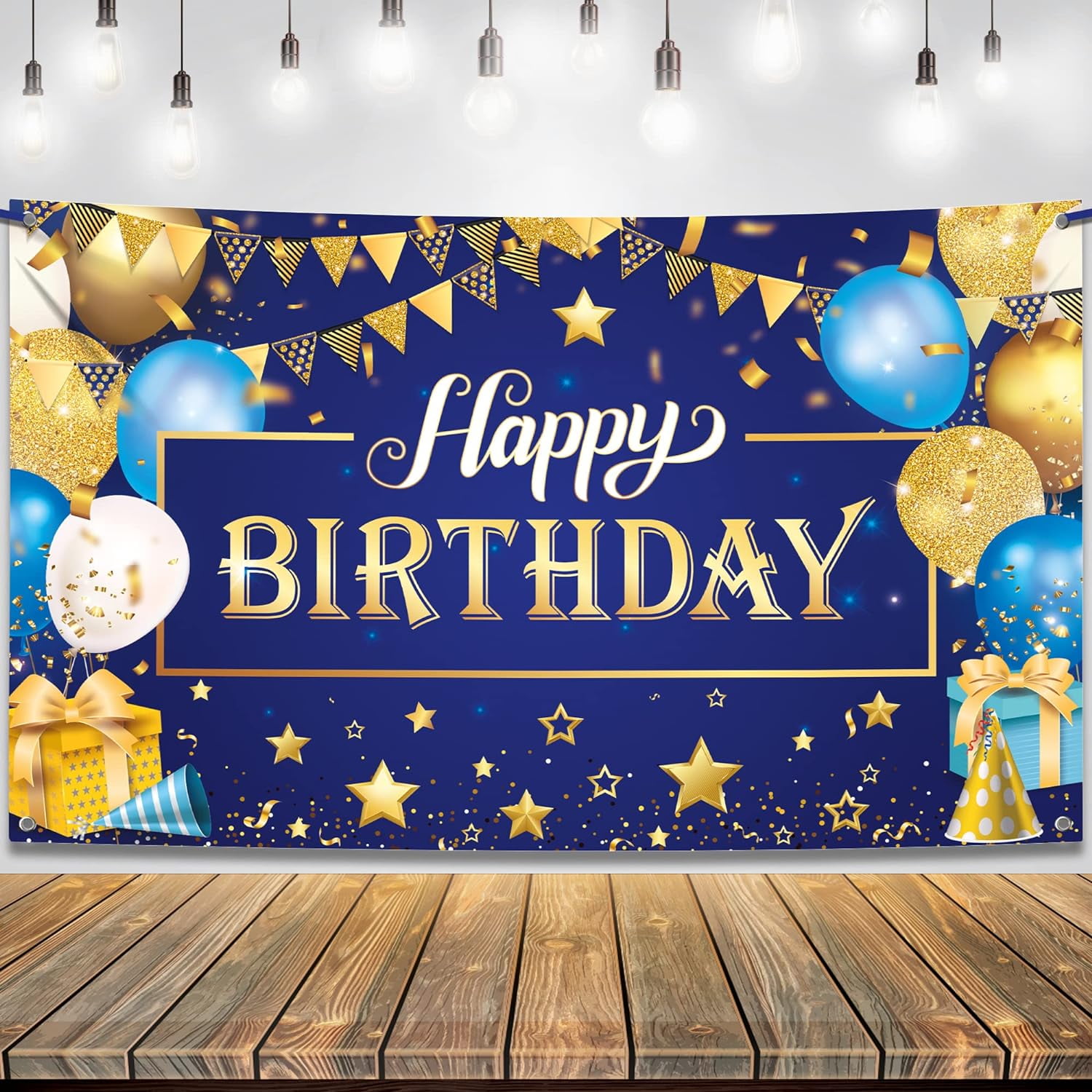 Gold and Blue Happy Birthday Banner | Happy Birthday Backdrop for Men | Blue and Gold Birthday ...