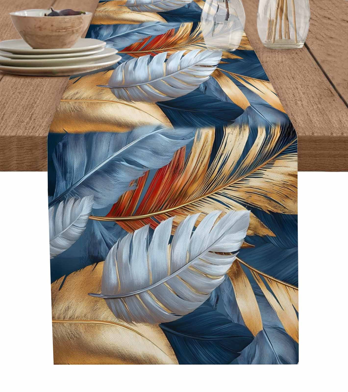 Gold Blue Leaf Table Runner 90 Inches, Contemporary Minimalist ...