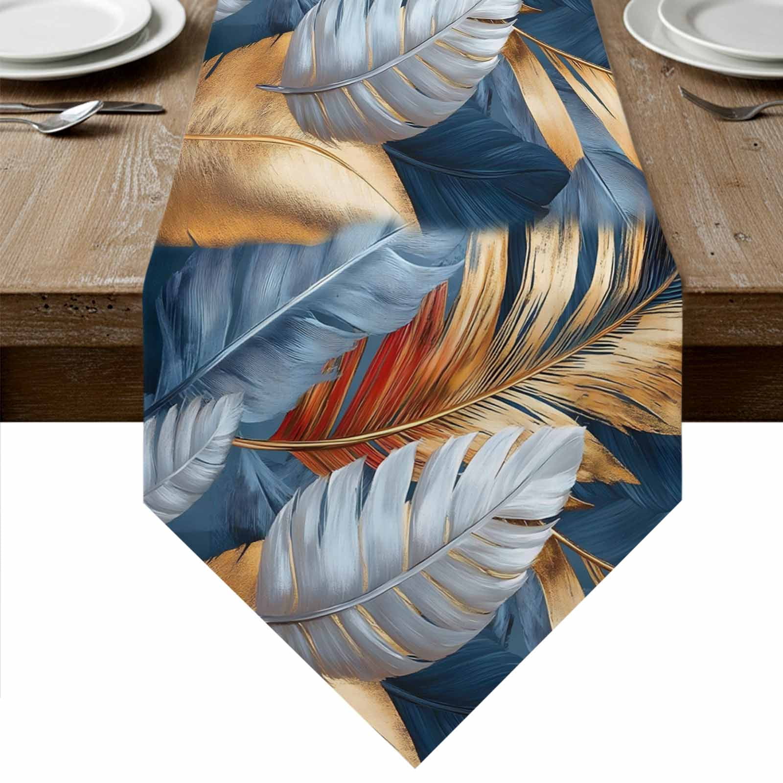 Gold Blue Leaf Table Runner Linen Burlap Table Runner 60 Inches Long ...