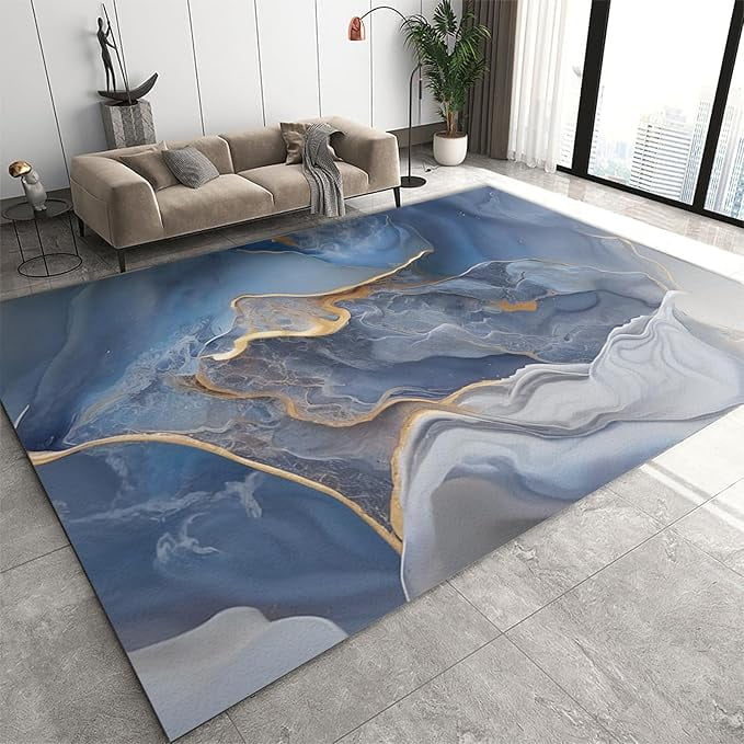 Gold Blue Marble Area Rugs Living Room Large Rug, Light Luxury ...