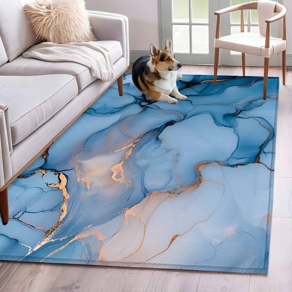 Gold Blue Marble Texture Area Rugs 3x5 ft Abstract Water Ripple ...