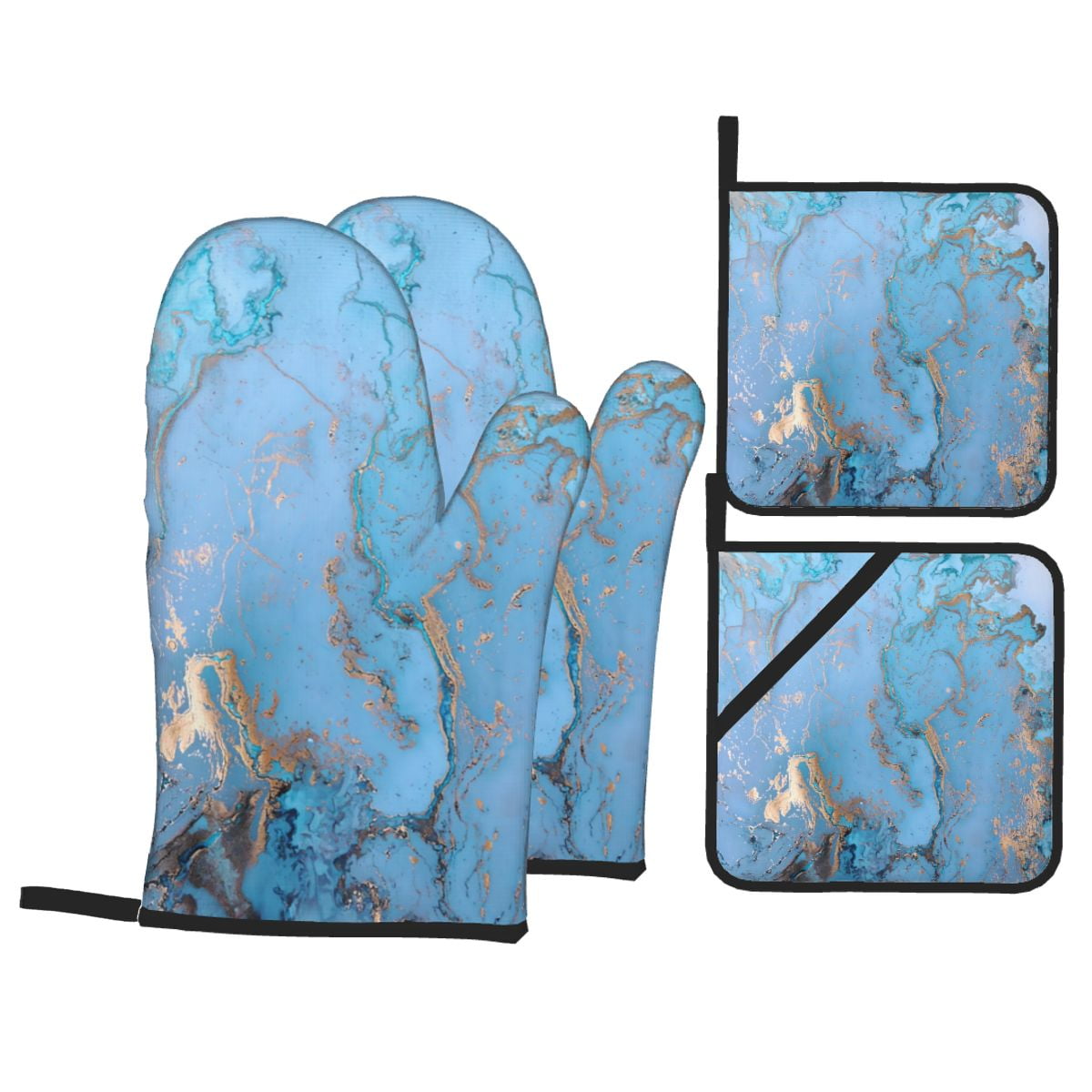 Gold Blue Marble Texture Oven Mitts and Pot Holders Sets Heat Resistant ...