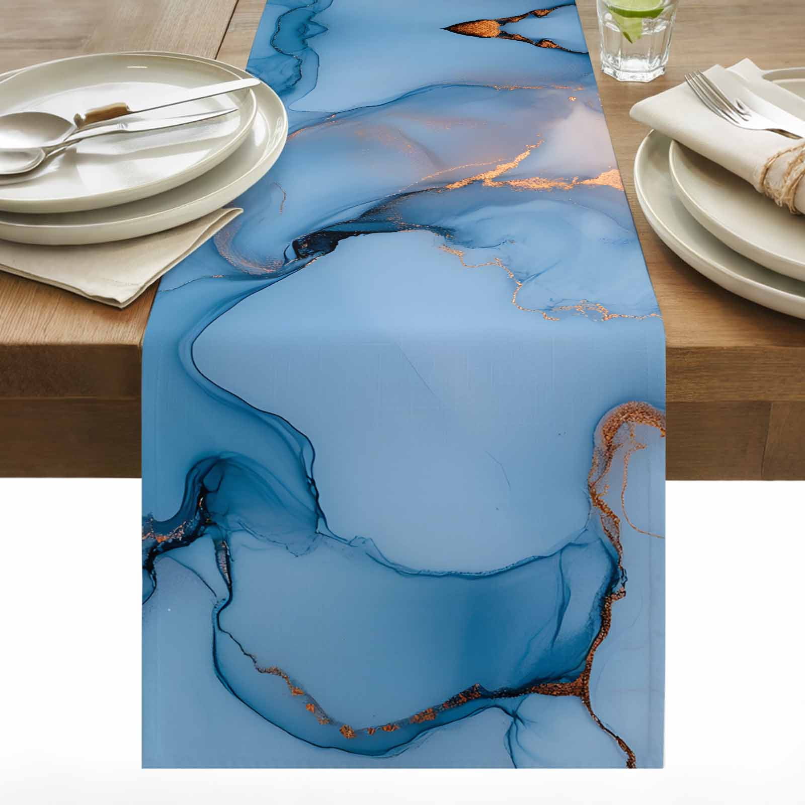 Gold Blue Marble Texture Table Runner 13x36 inch Abstract Water Ripple ...