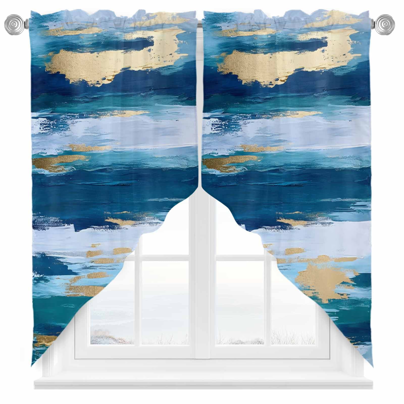 Gold Blue Ripple Swag Curtain Valance for Windows, Abstract Modern ...