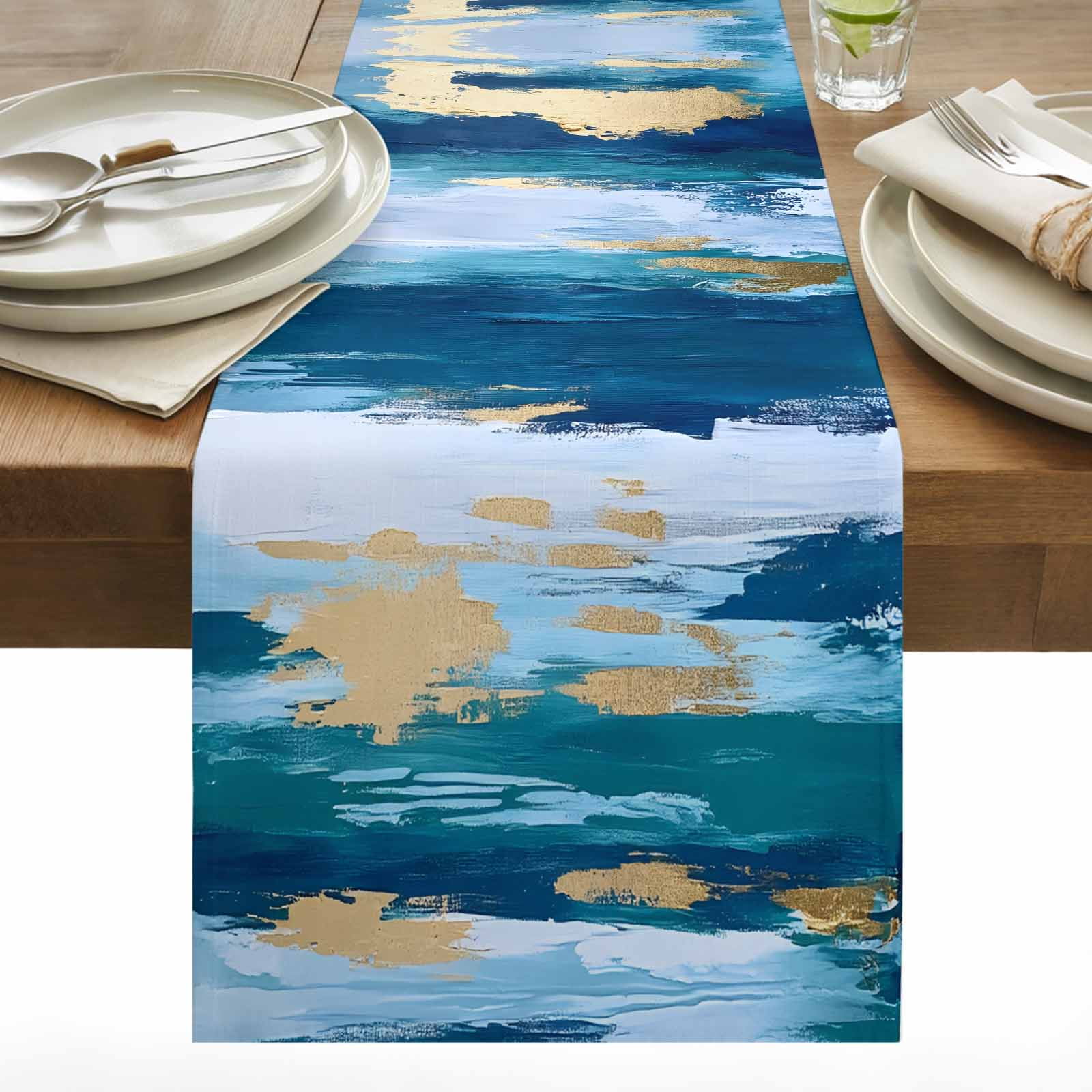 Gold Blue Ripple Table Runner 13x120 inch Abstract Modern Cotton Linen ...