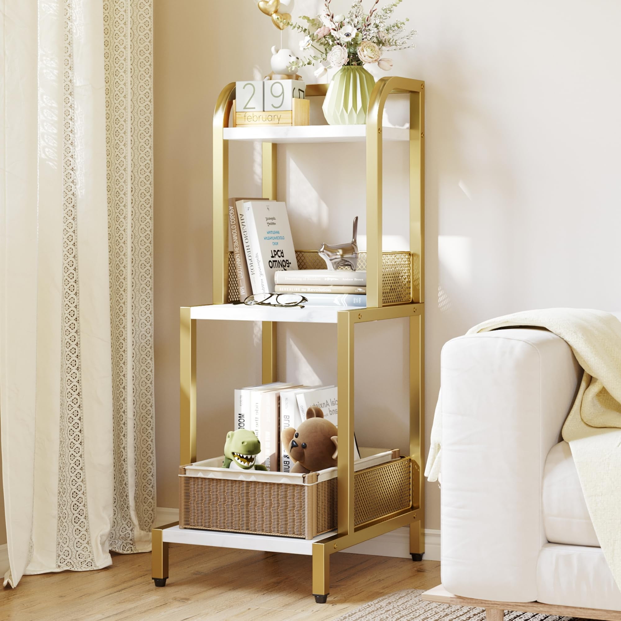 Gold Bookshelf,3 Tier Bookcase, Small Bookshelf for Small Spaces ...
