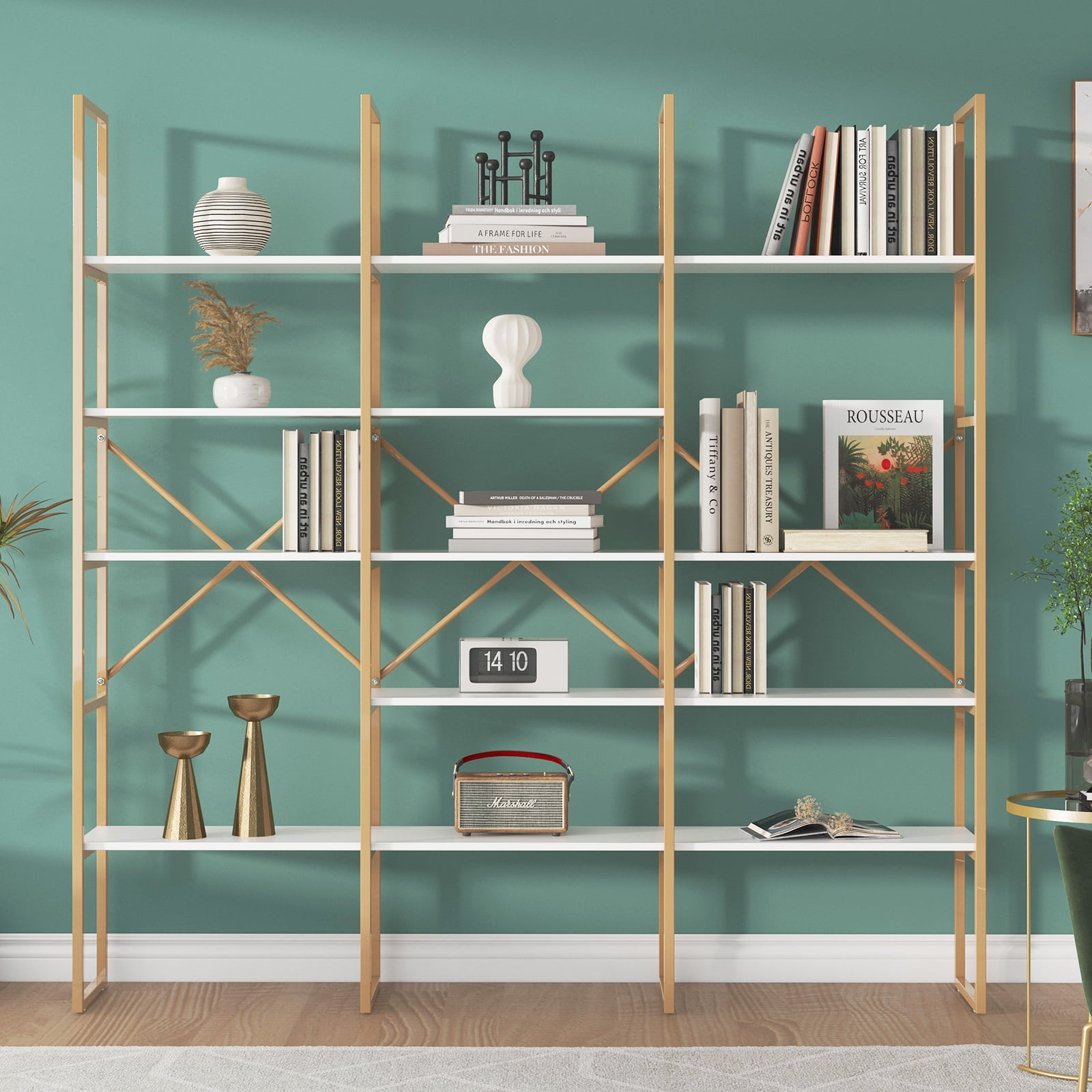 Gold Bookshelf, 5-Tier Geometric Bookcase, Sturdy Metal Frame, Display ...