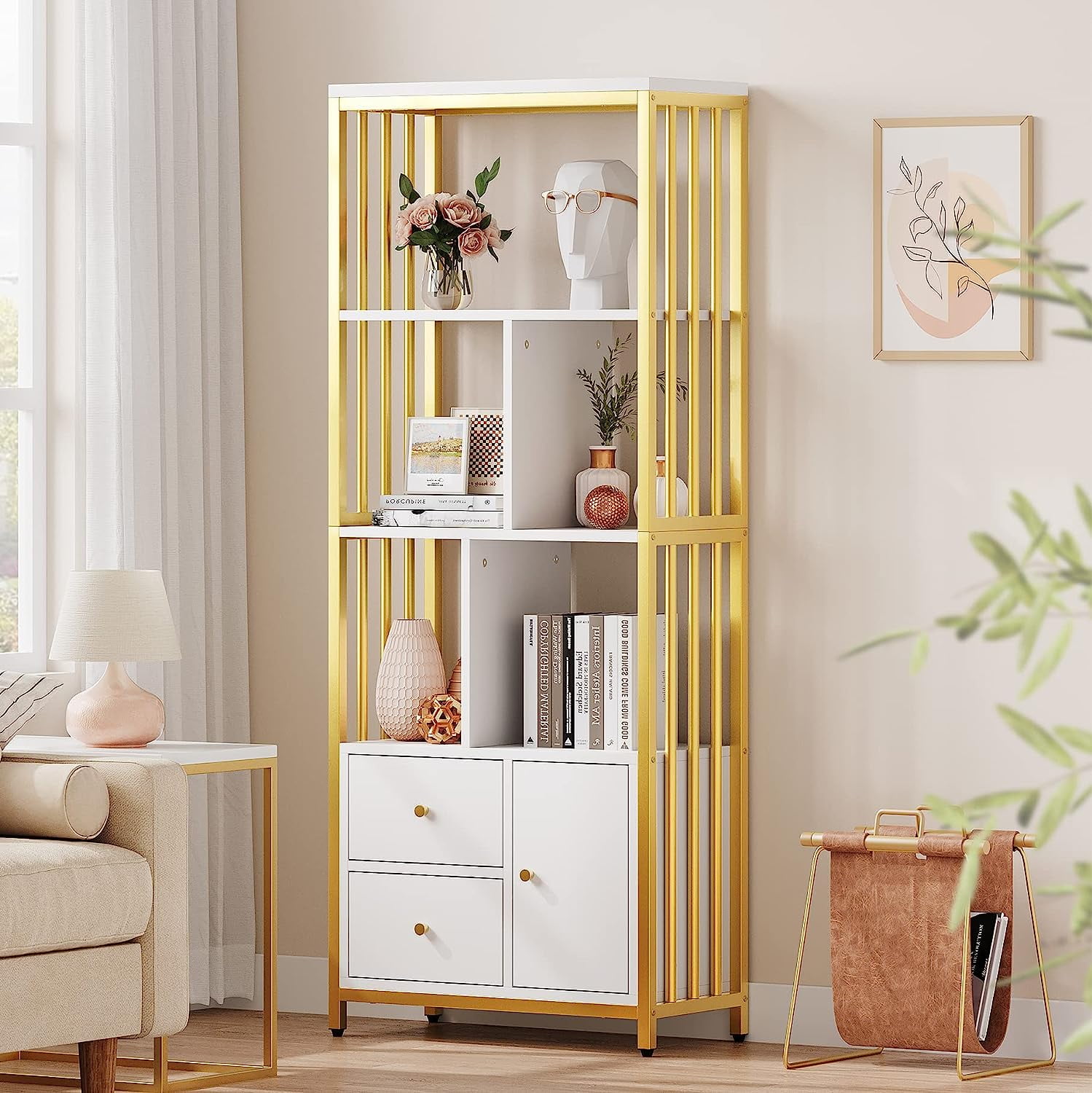Gold Bookshelf with Drawers Modern Bookcase Storage Rack Shelf Tall ...
