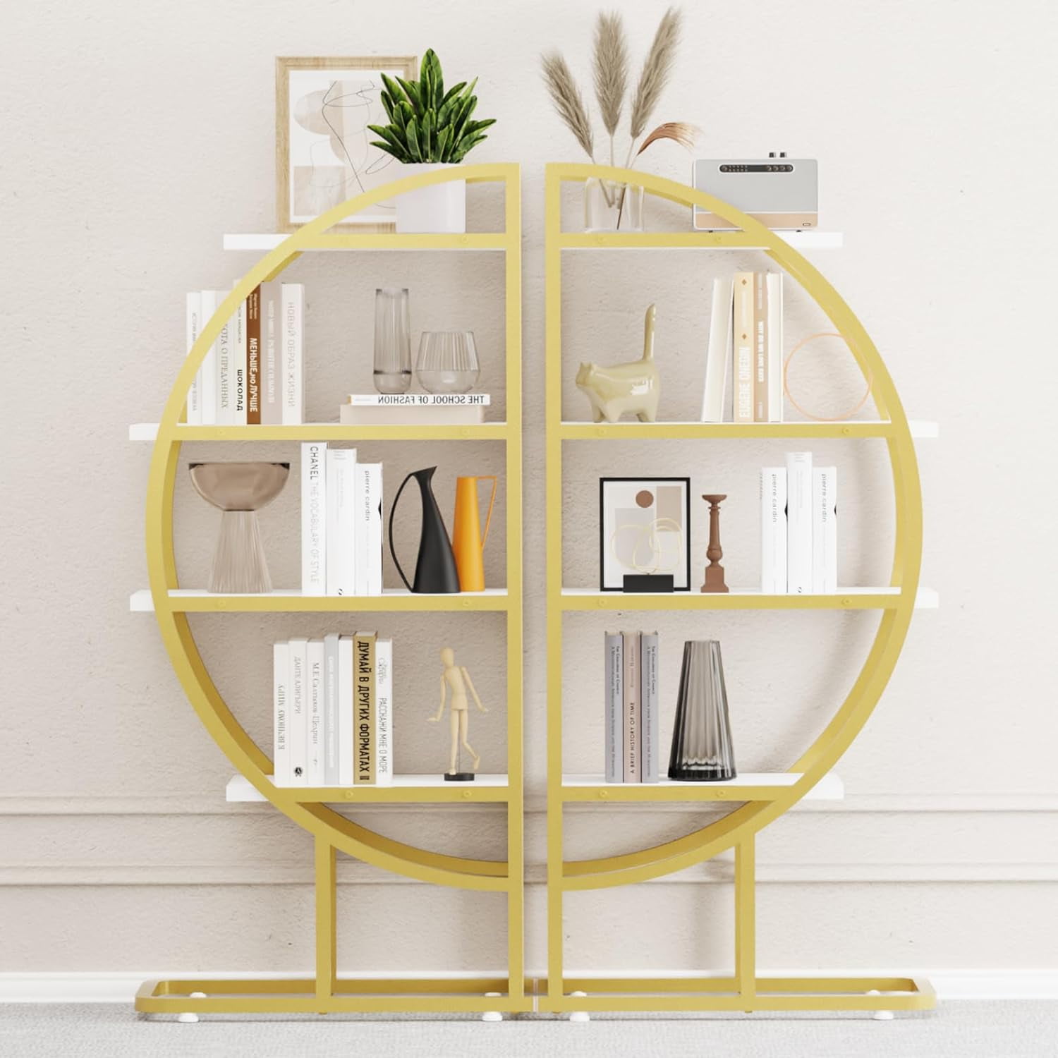 Gold Bookshelf Set of 2, 4-tirer Storage Shelves with Steel Frame, Half ...