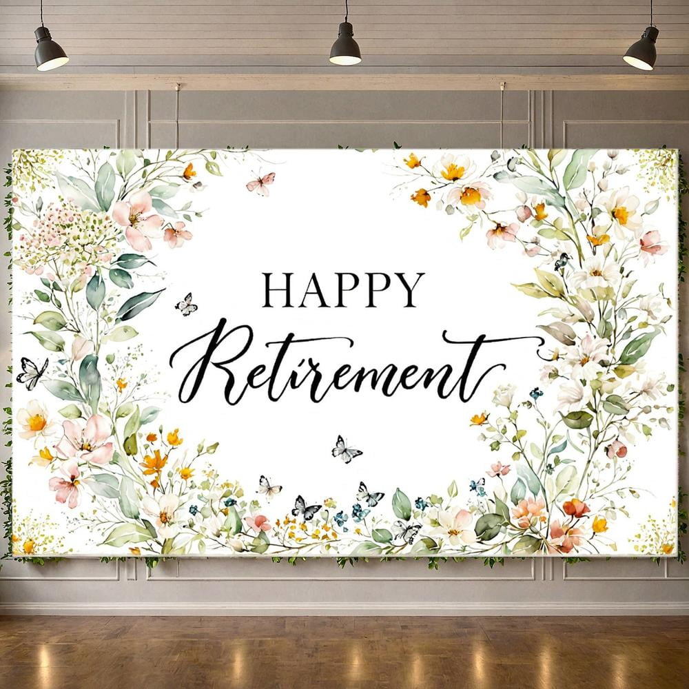 Gold Border Happy Retirement Banner Green Floral Retirement Party ...