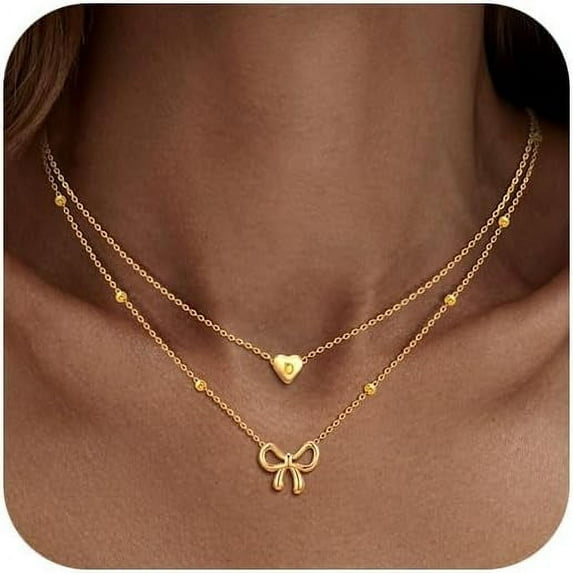 Gold Bow Necklace for Women - Layered Bow Heart Gold Necklace for Women ...
