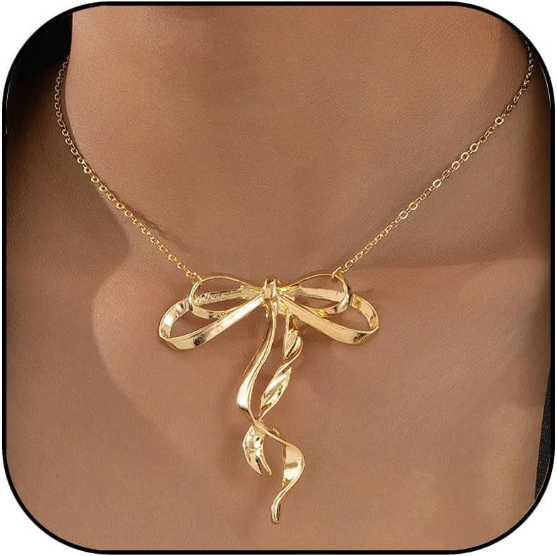 Gold Bow Necklace for Women Large Bow Charm Necklace Large Bowknot ...