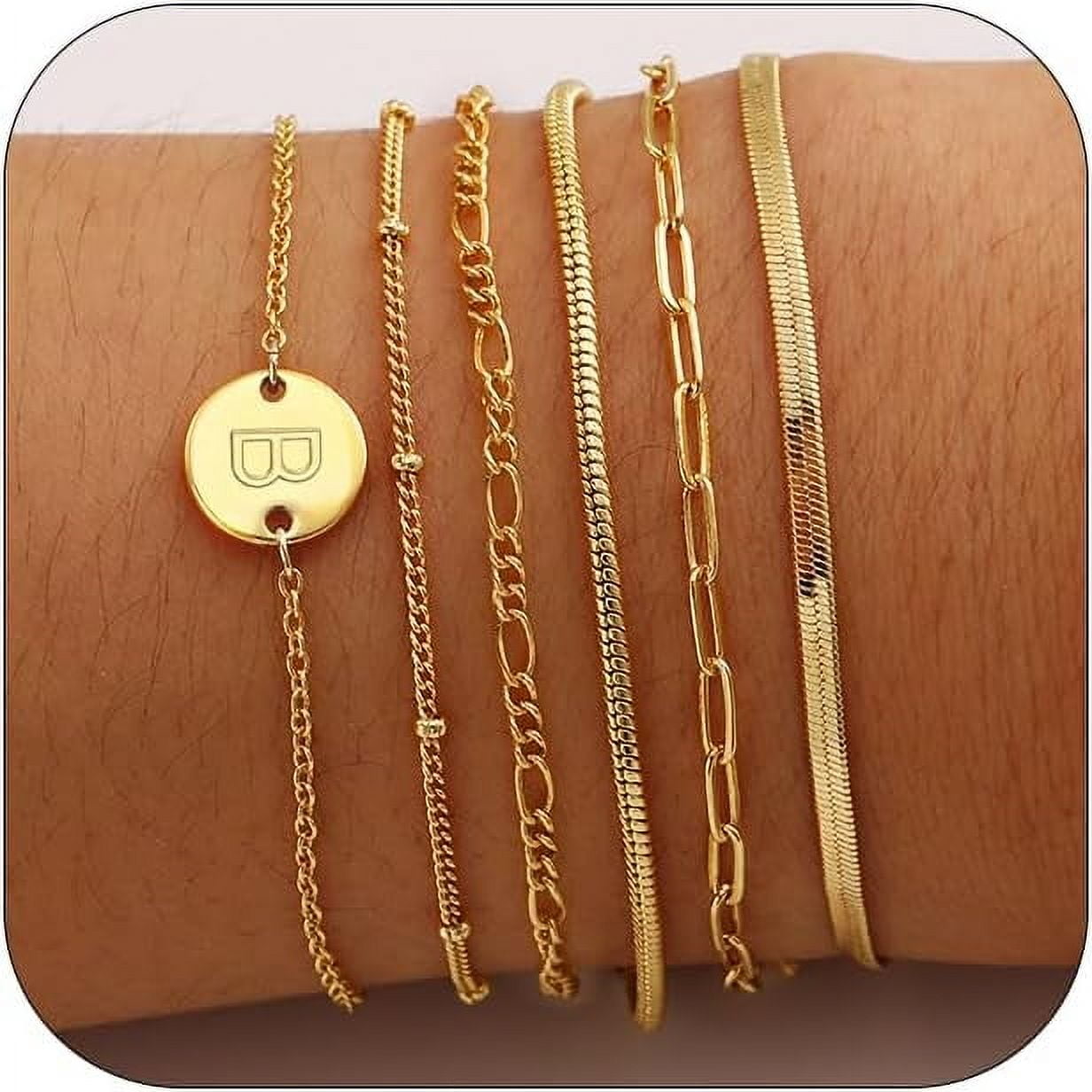 Gold Bracelets For Women, 6Pcs 14K Real Gold Plated Letter A-Z ...