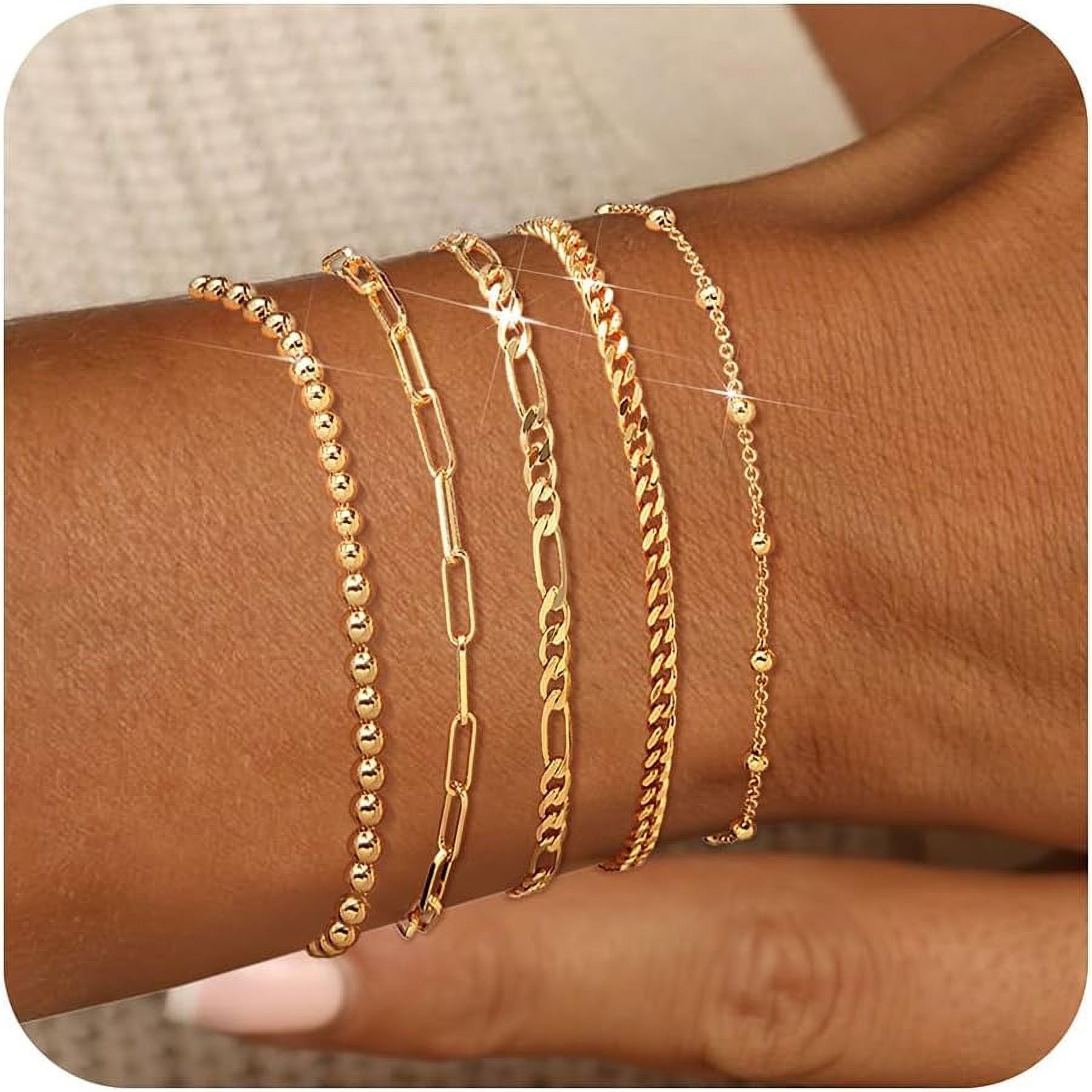 Gold Bracelets for Women, 14K Gold Plated Bracelet Stack Set Adjustable ...