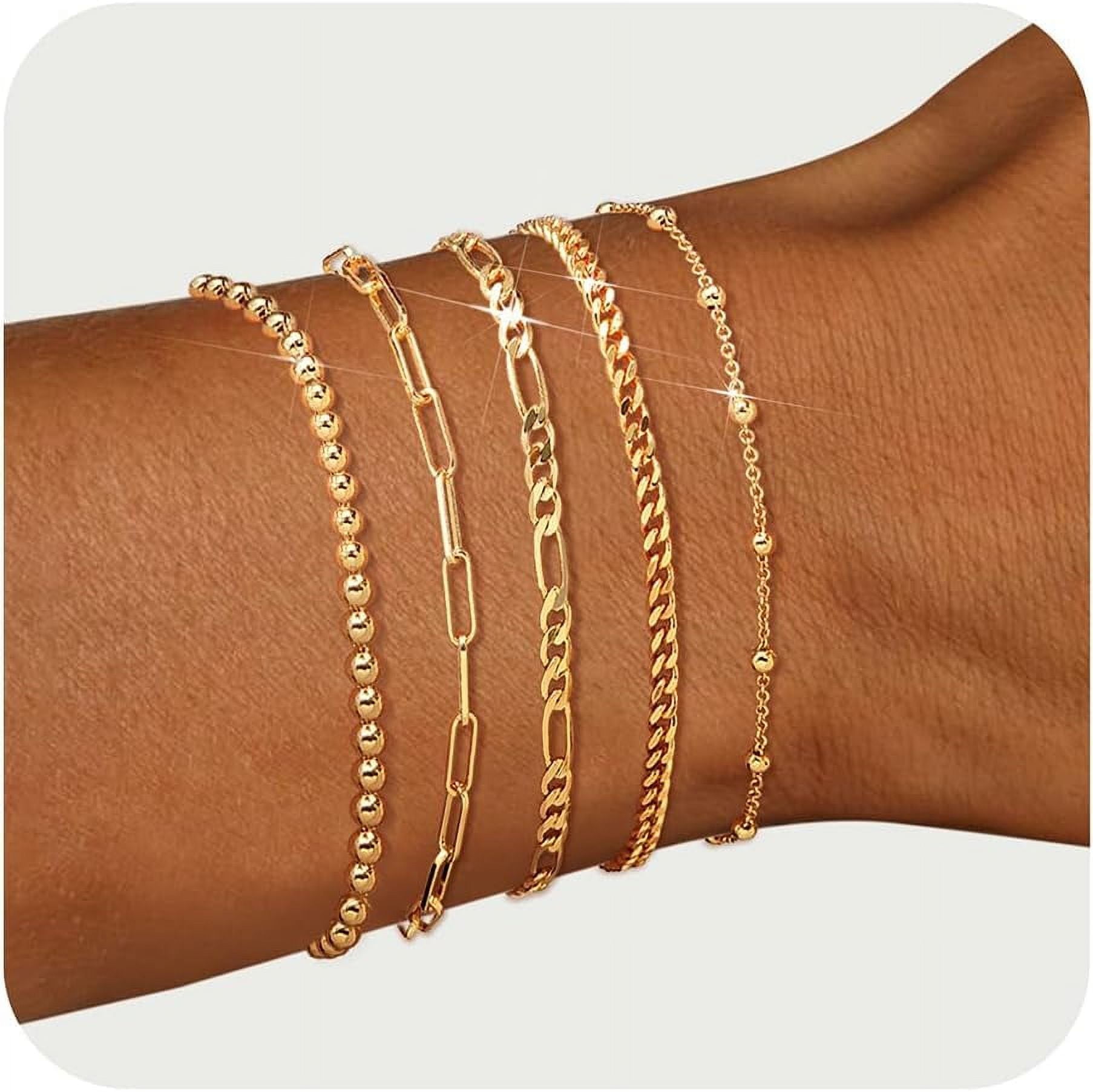 Gold Bracelets for Women, 14K Gold Plated Bracelet Stack Set Adjustable ...