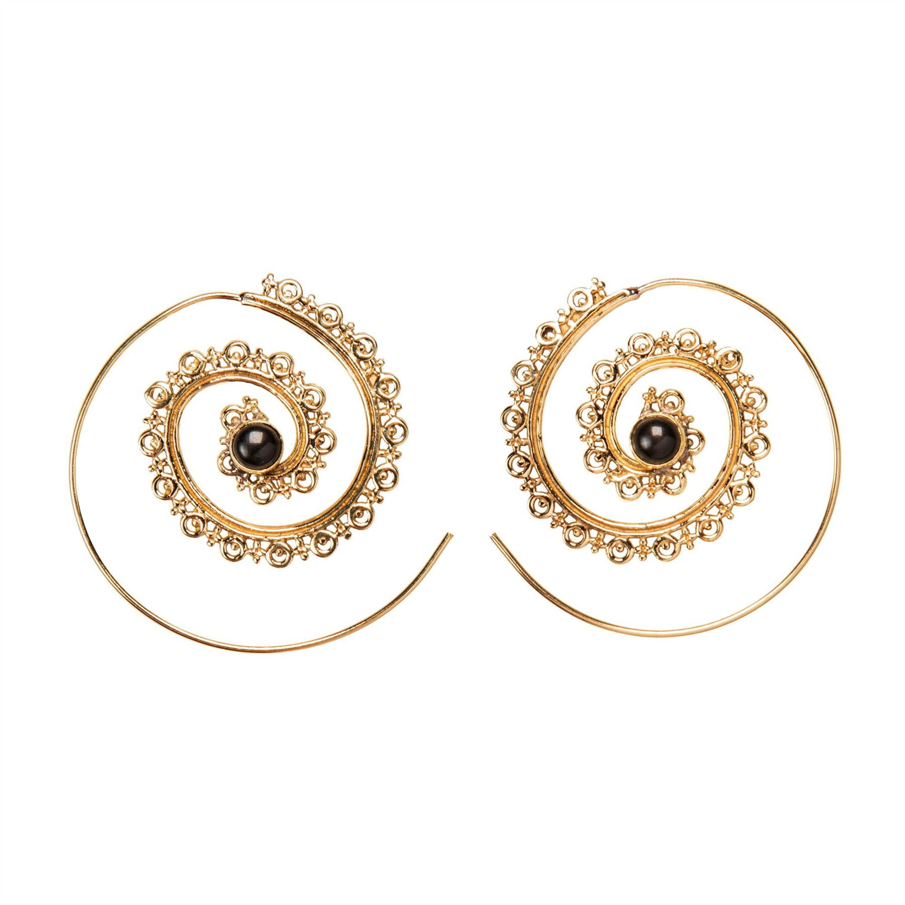Gold Brass Onyx Filigree Mandala Dot Work Spiral Threader Earrings ...