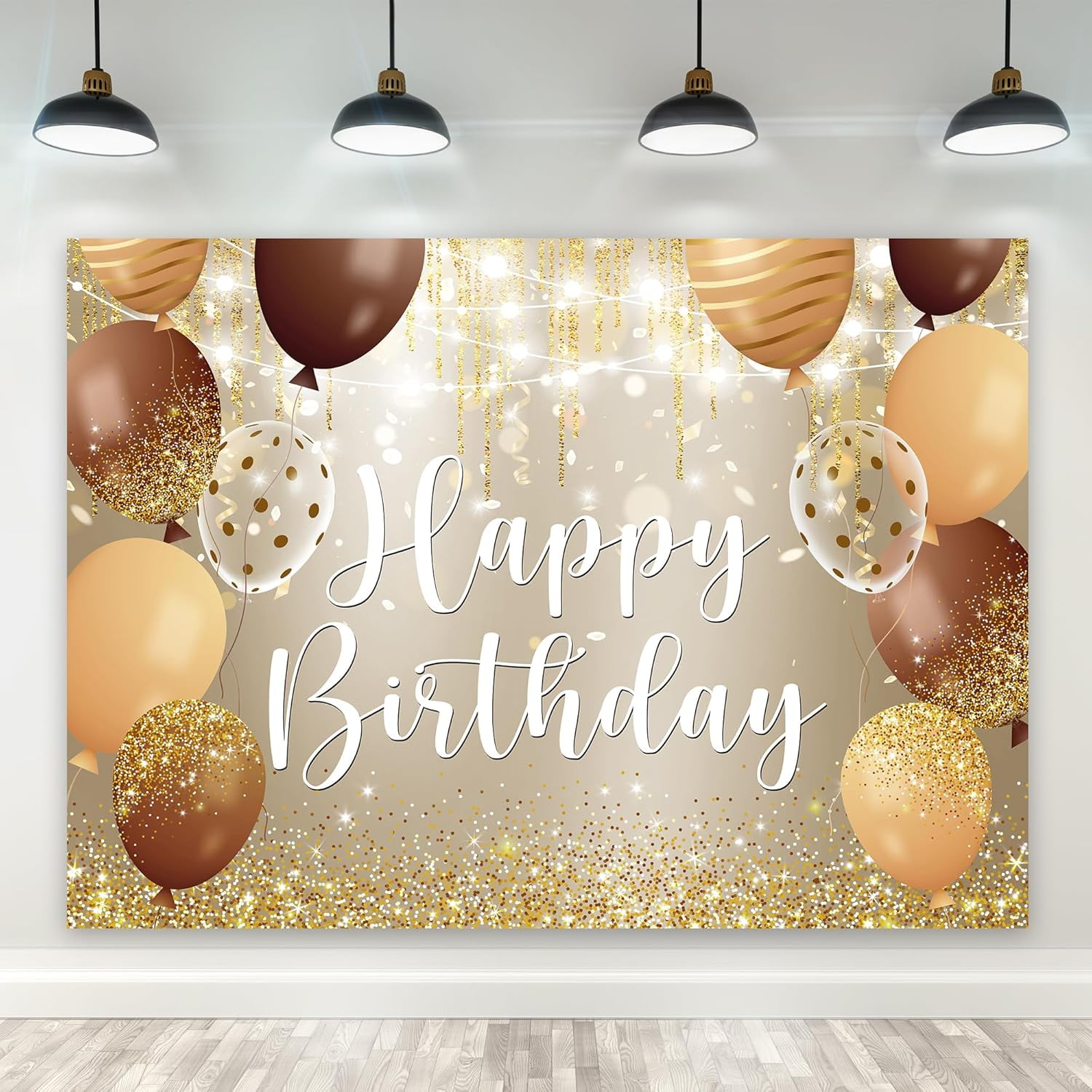 Gold Brown Happy Birthday Backdrop Modern Luxury Balloons Champagne ...