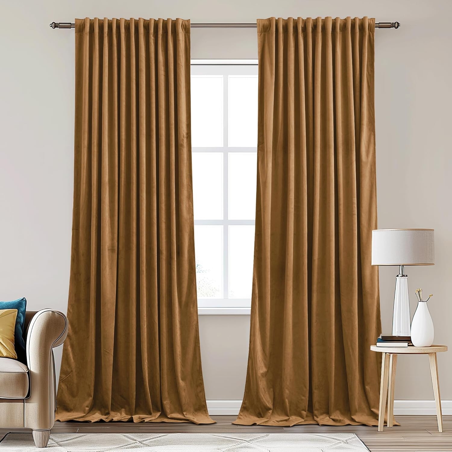 Gold Brown Light Blocking Velvet Curtains 90 Inches, Solid Back Tab ...
