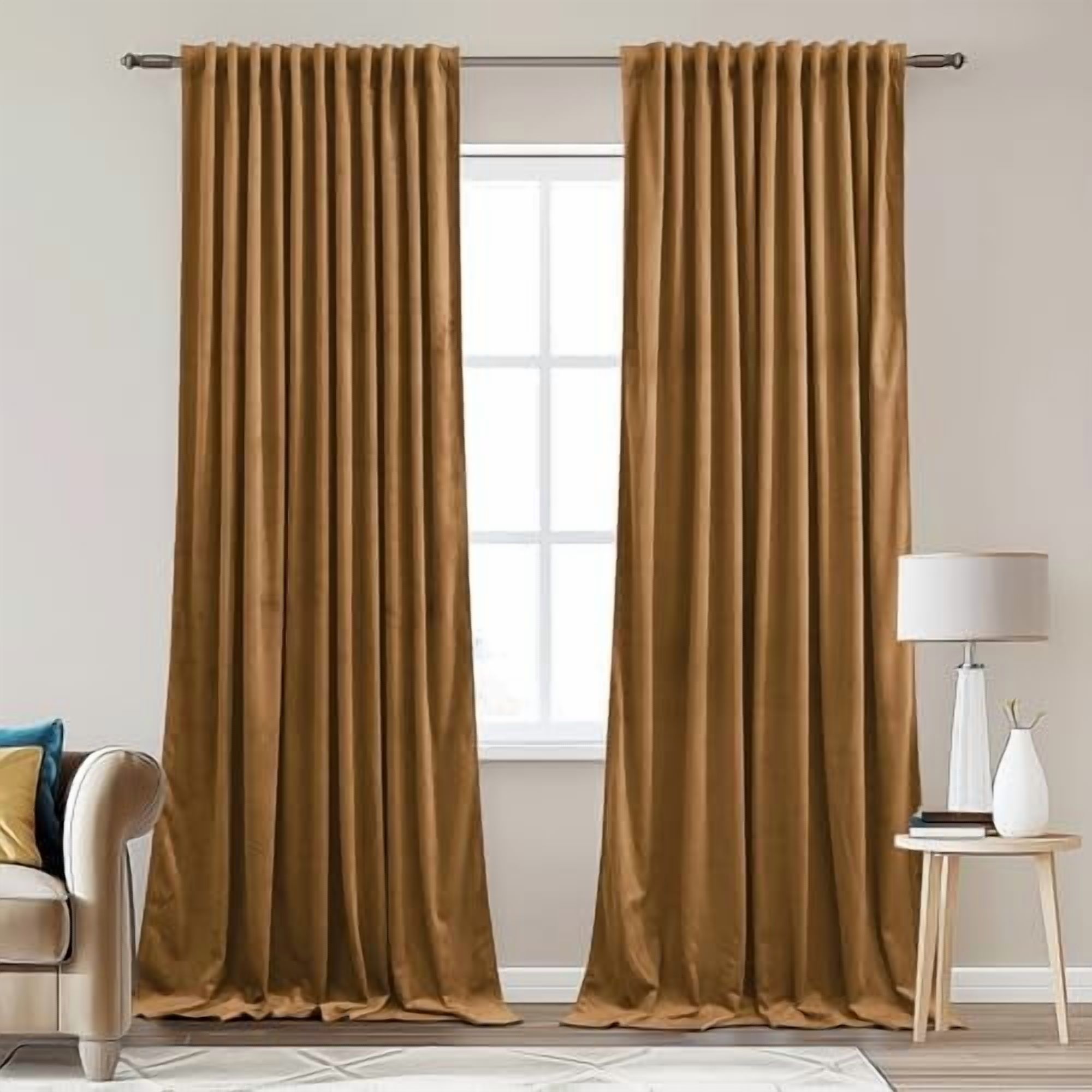 Gold Brown Light Blocking Velvet Curtains 90 inches, Solid Back Tab ...