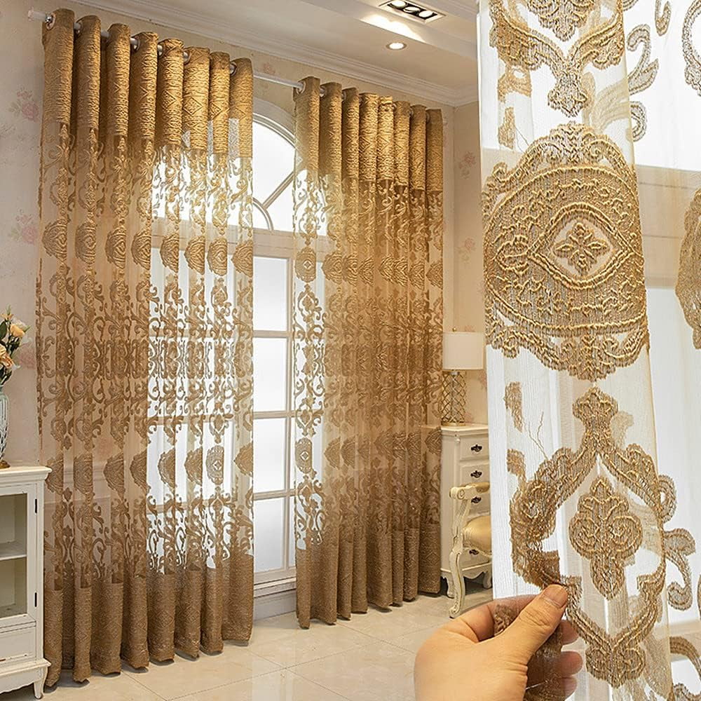 Gold Brown Luxury Semi Sheers European Embroidered Hollow Drapes for ...