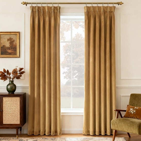 Gold Brown Triple Pleated Velvet Curtains 80 Inches Long 2 Panels ...